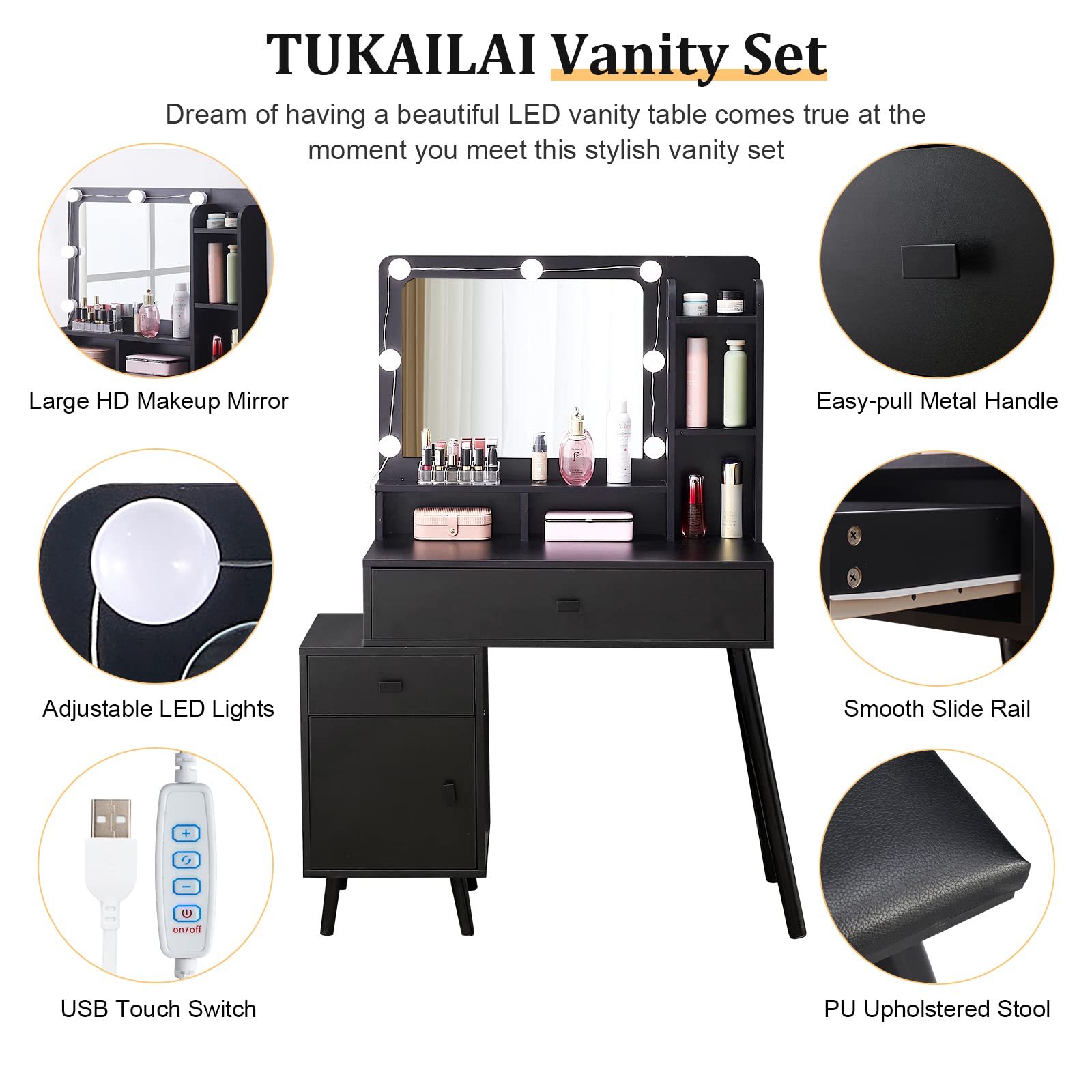 TUKAILAi Vanity Desk Set with LED Lighted Mirror & Cushioned Stool, Makeup Dresser Dressing Table with 5 Open Storage Shelves, 1 Drawer & Movable Chest, Gift for Women Girl Bedroom Studio (Black)