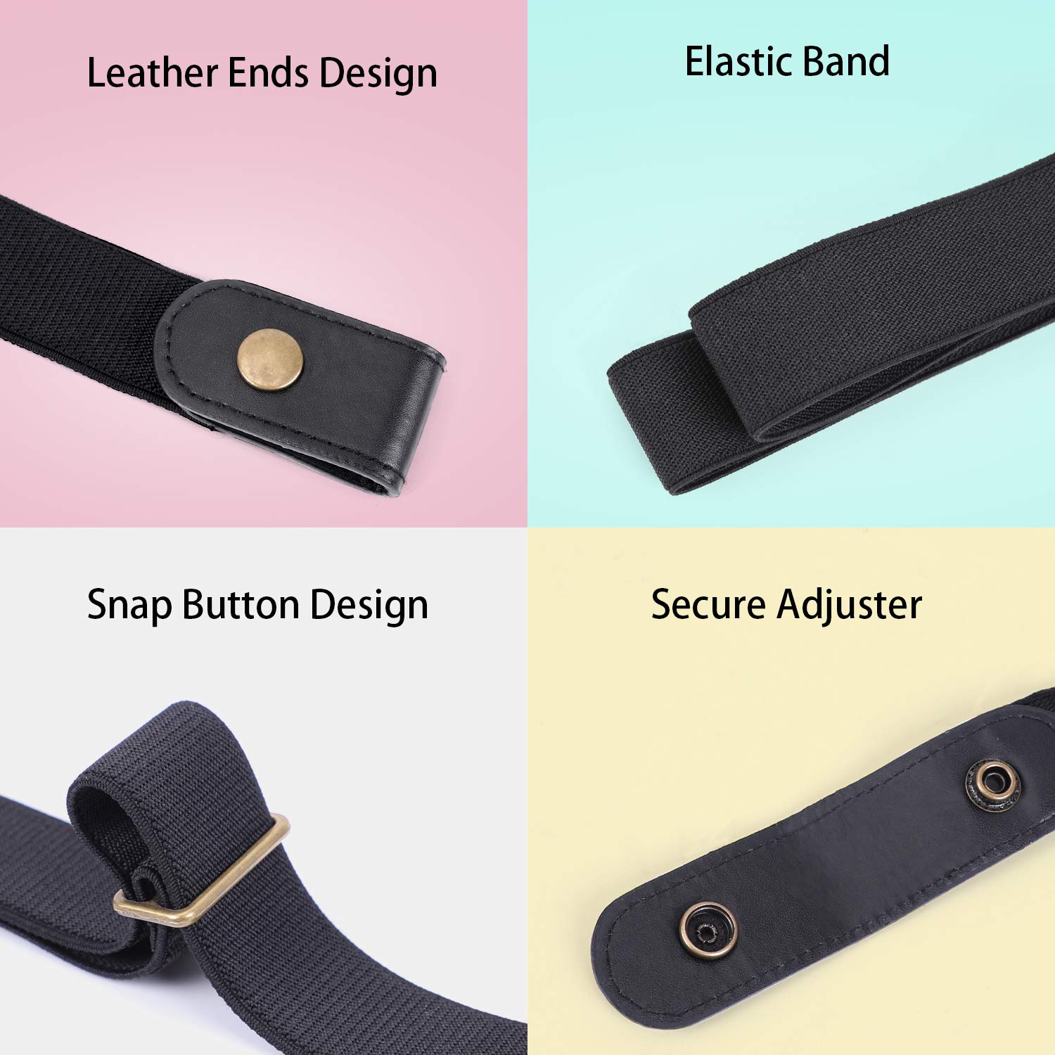 WHIPPY 4 Pieces No Buckle Stretch Women Belt for Jeans Pants, Buckle Free Comfortable Invisible Elastic Belts (Black Khaki Blue Brown, Fit Pants Size 22-36 Inches)