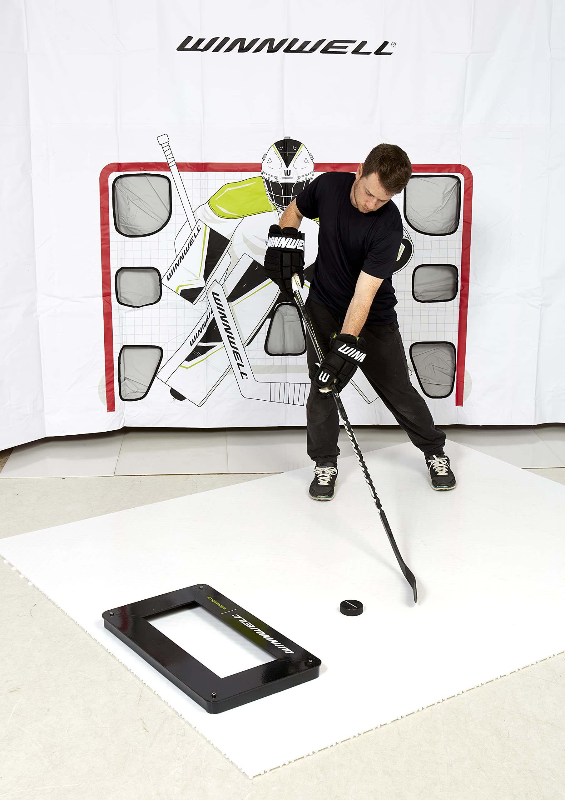 Winnwell 4Way Hockey Passing Aid - Passing & Stick Handling Trainer Suitable for On/Off Ice, Help Improve Puck Control & Shooting with Rubber Rebounder Passing Aide | Equipment Made for Kids & Adults
