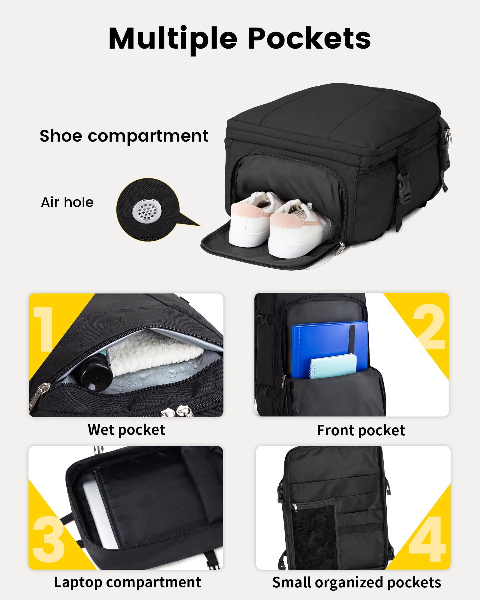 Vorspack Travel Backpack for Women Men - Carry On Backpack for Airplanes Large Laptop Backpack Casual Daypack with Shoe Compartment for Travel Work College - Black
