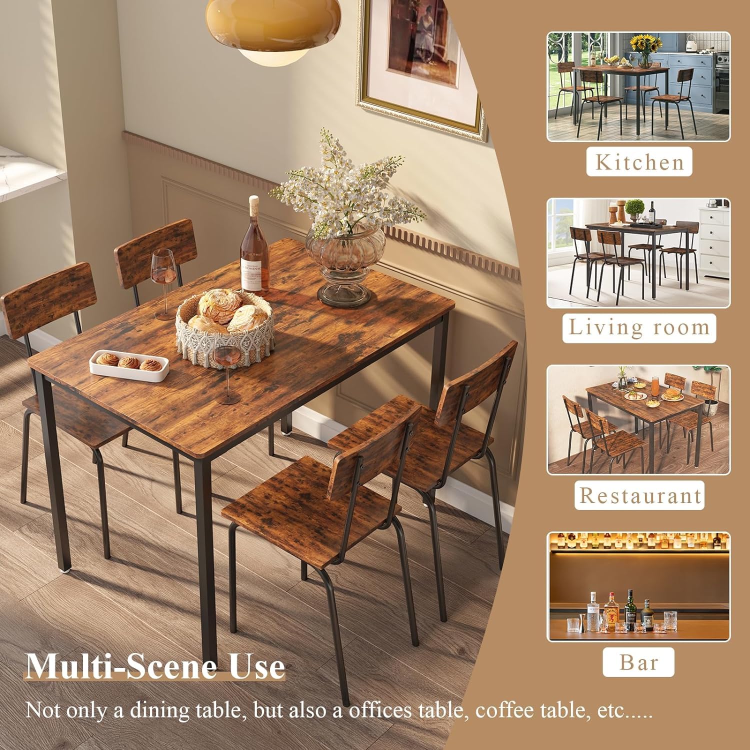 Rovibek 4 Chairs Dining Table Set for 4-8, Modern Space Saving Kitchen Desk, Wooden Industrial Style Farmhouse, 43", Grey