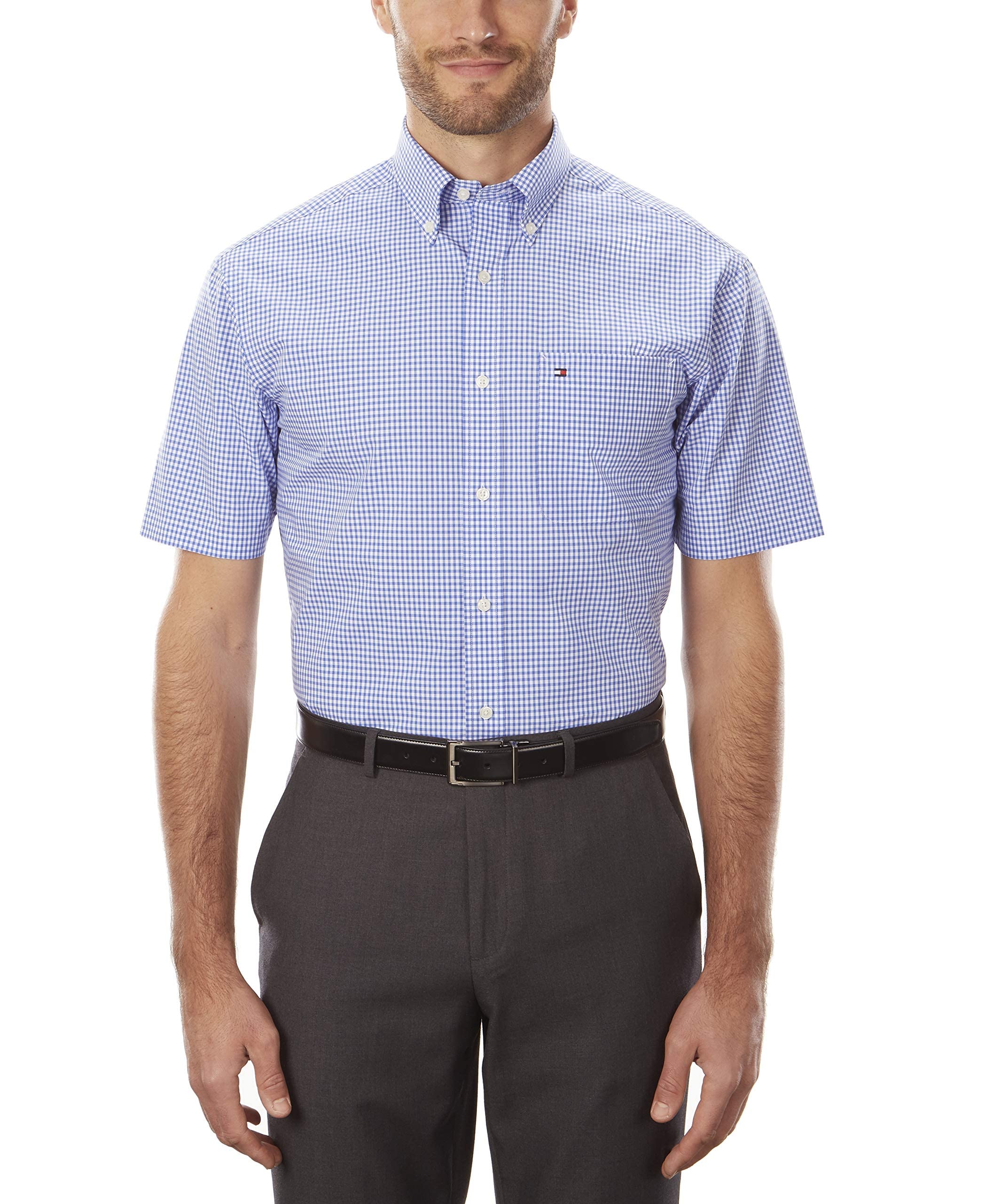Tommy Hilfiger Men's Short Sleeve Button-Down Shirt, Royal, 16" Neck