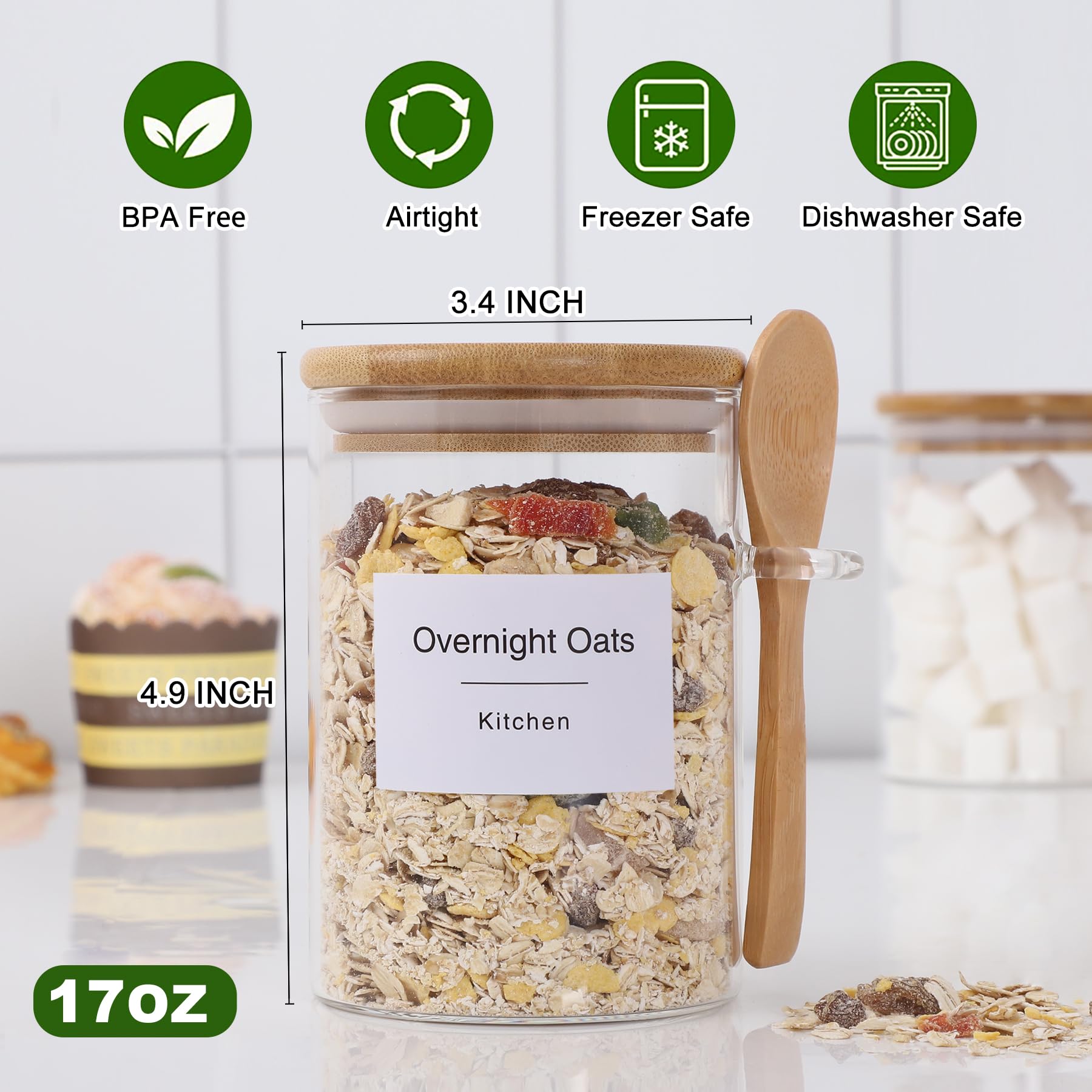 Sugar Jar Bath Salt Container β 17 oz Glass Jar with Bamboo Lid and Spoon, Sugar Cube Holder and Canister for Countertop, Glass Containers for Coffee Beans, Tea and Overnight Oats (4 Pack)
