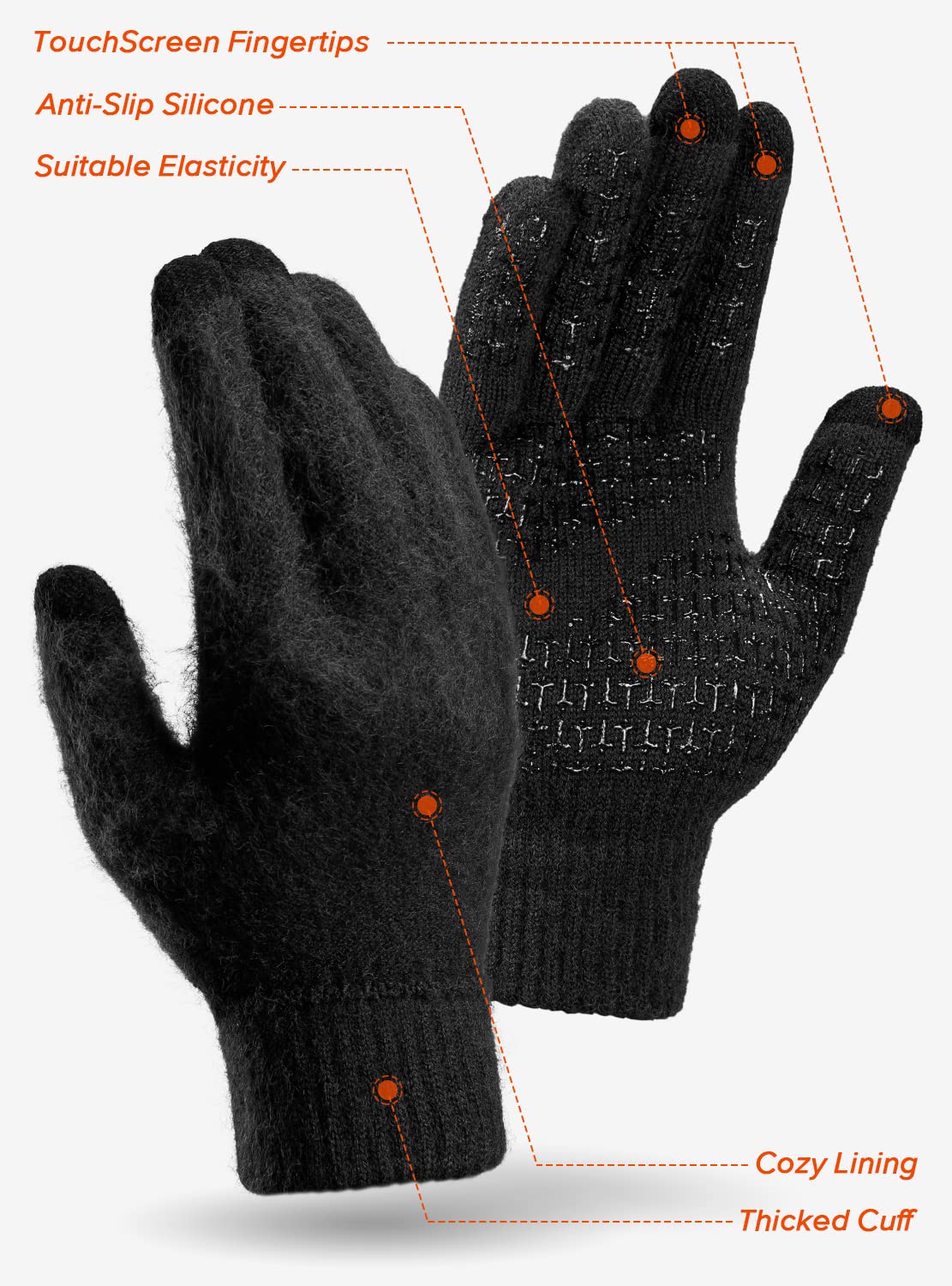 TRENDOUX Men Gloves Winter, Womens Touchscreen Glove Texting Phone Unisex - Driving Running Work - Anti-Slip Grip - Elastic Cuff - Soft Knit Material - Winter Warm Glove for Cold Hands - Black - XL