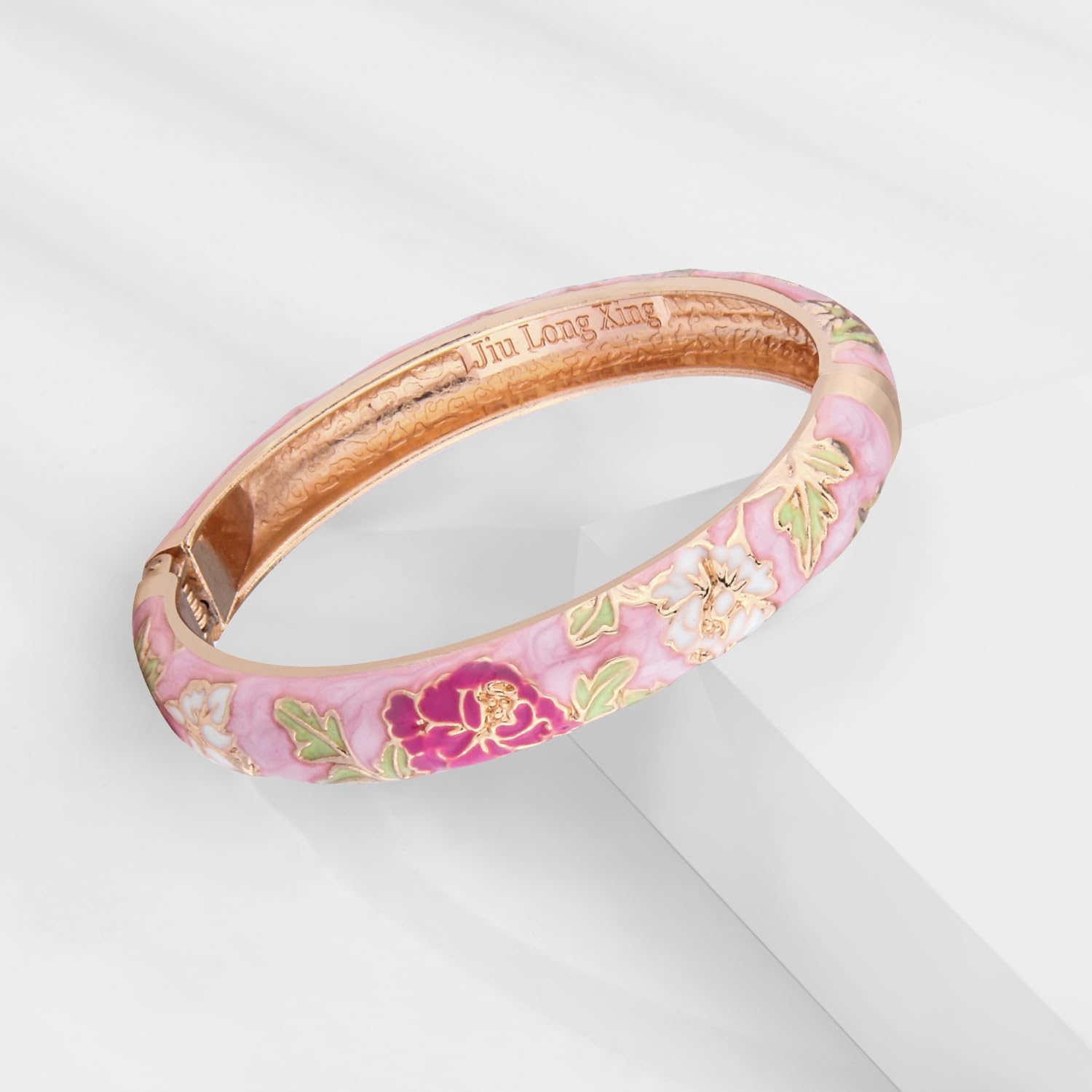 UJOY Elegant Bracelet Gold Plated Enameled Jewelry Spring Hinge Metal Cuff Cloisonne Bangles Set Gift Box Packed 55A82-55A117 green pink