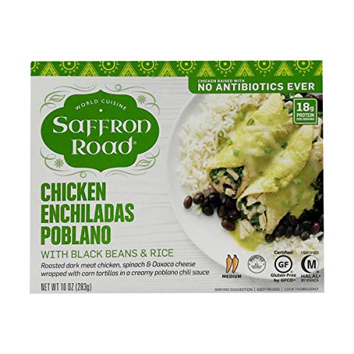 Saffron Road Chicken Enchiladas Poblano with Black Beans and Rice Frozen Dinner, 10oz - Antibiotic Free, Gluten Free, Halal