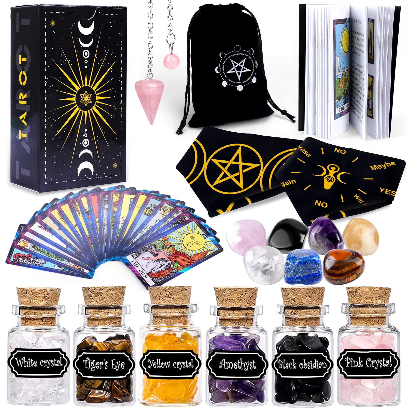 YixangDD Tarot Cards with Guide Book Include 1 Deck of 78 Cards 、12 Mini Crystal Jars,1 Tarot Card Holder Stand,7 Chakra Stones,1 Cloth ,1 Velvet Bag