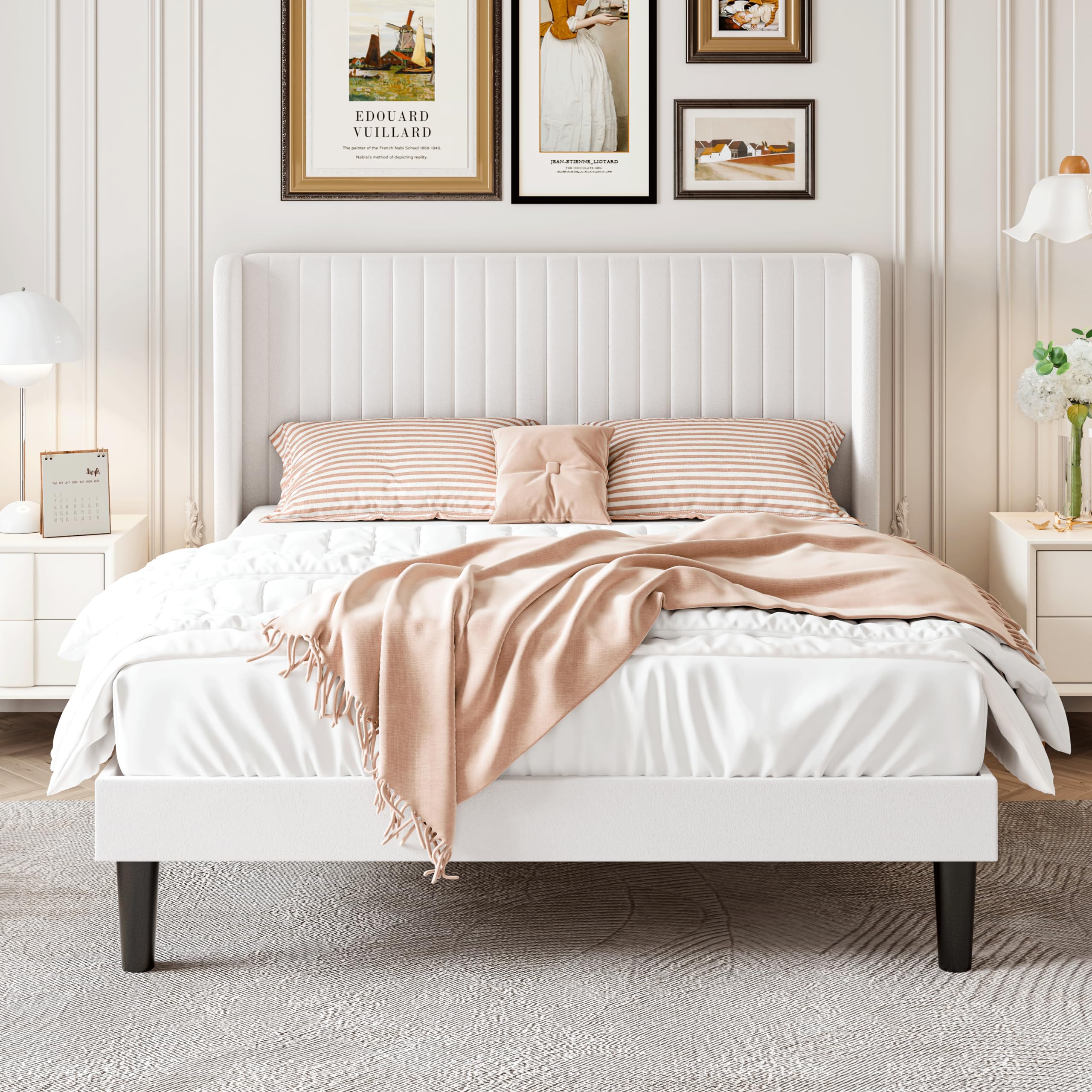 SHA CERLIN Queen Size Velvet Bed Frame with Vertical Channel Tufted Wingback Headboard, Upholstered Platform Bed with Wood Slats, No Box Spring Needed, Easy Assembly, White
