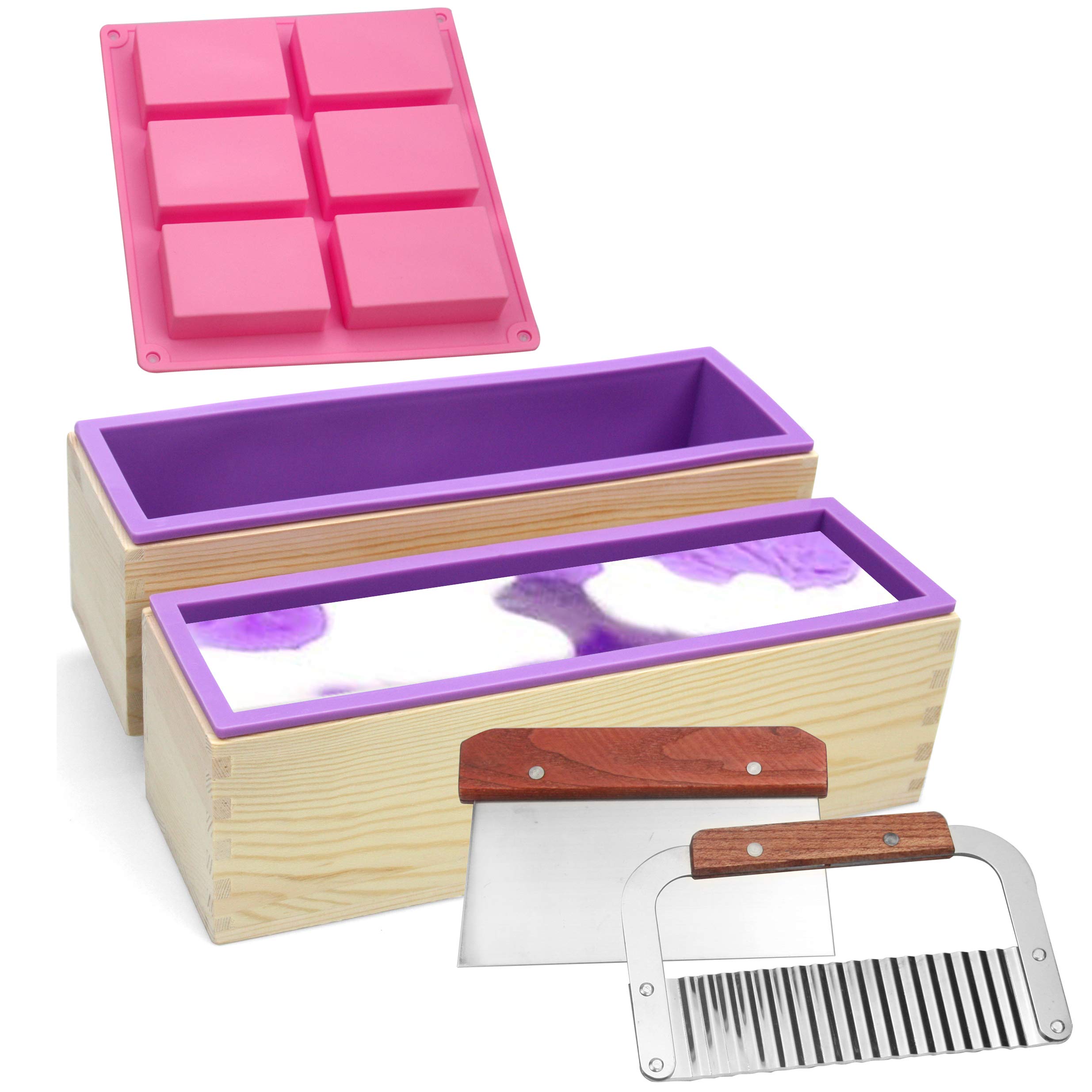 Voulosimi Soap Molds kit-2 Pcs 42 oz Loaf Flexible Rectangular Silicone Soap Mold 6 Cavities Silicone Mold with Wood Box