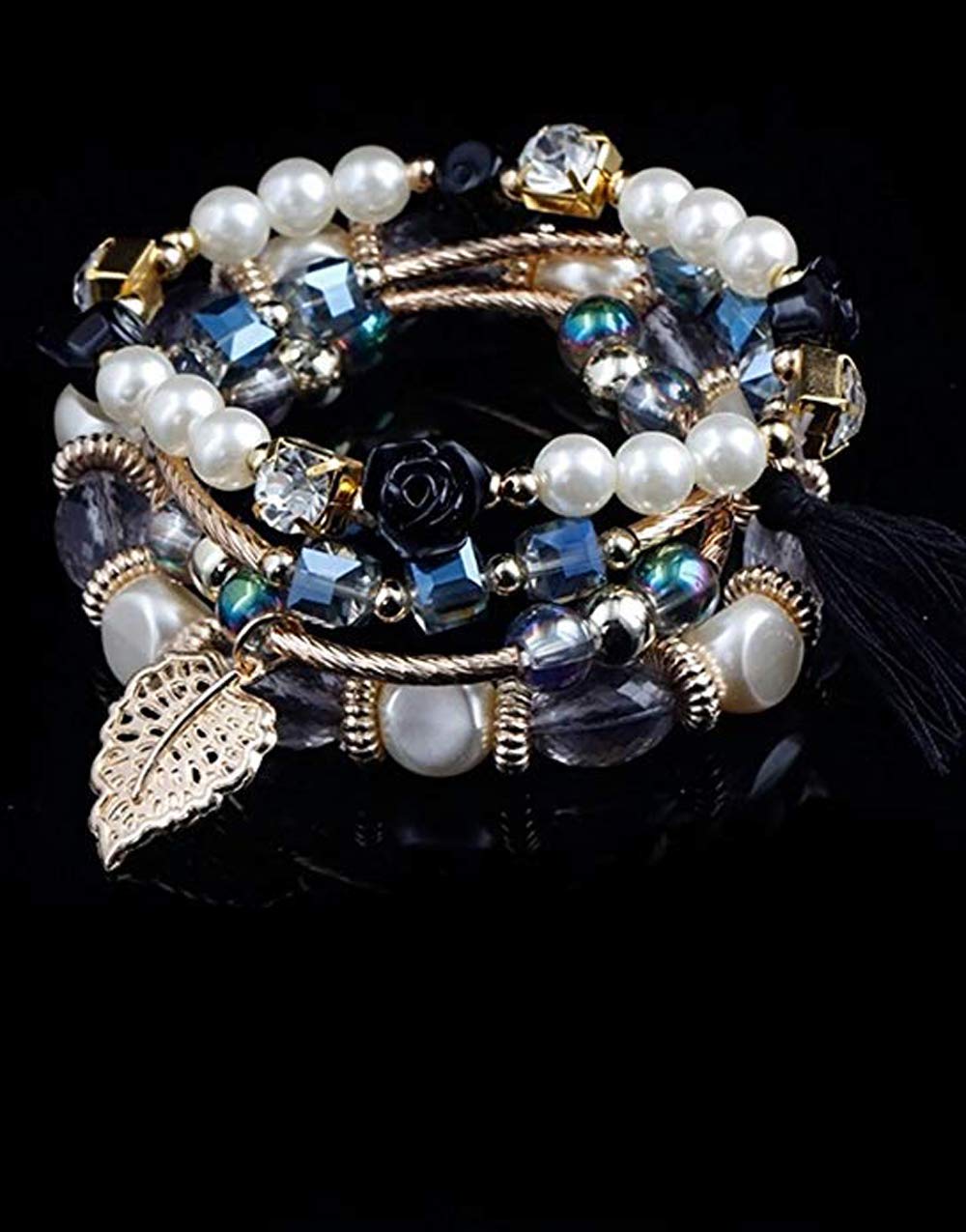 yunanwa 5 PACK Multilayer Bohemian Beaded Bangle Bracelet Crystal Charm Stretch Beach Stack-able Multi-color Boho Bracelets Jewelry Set