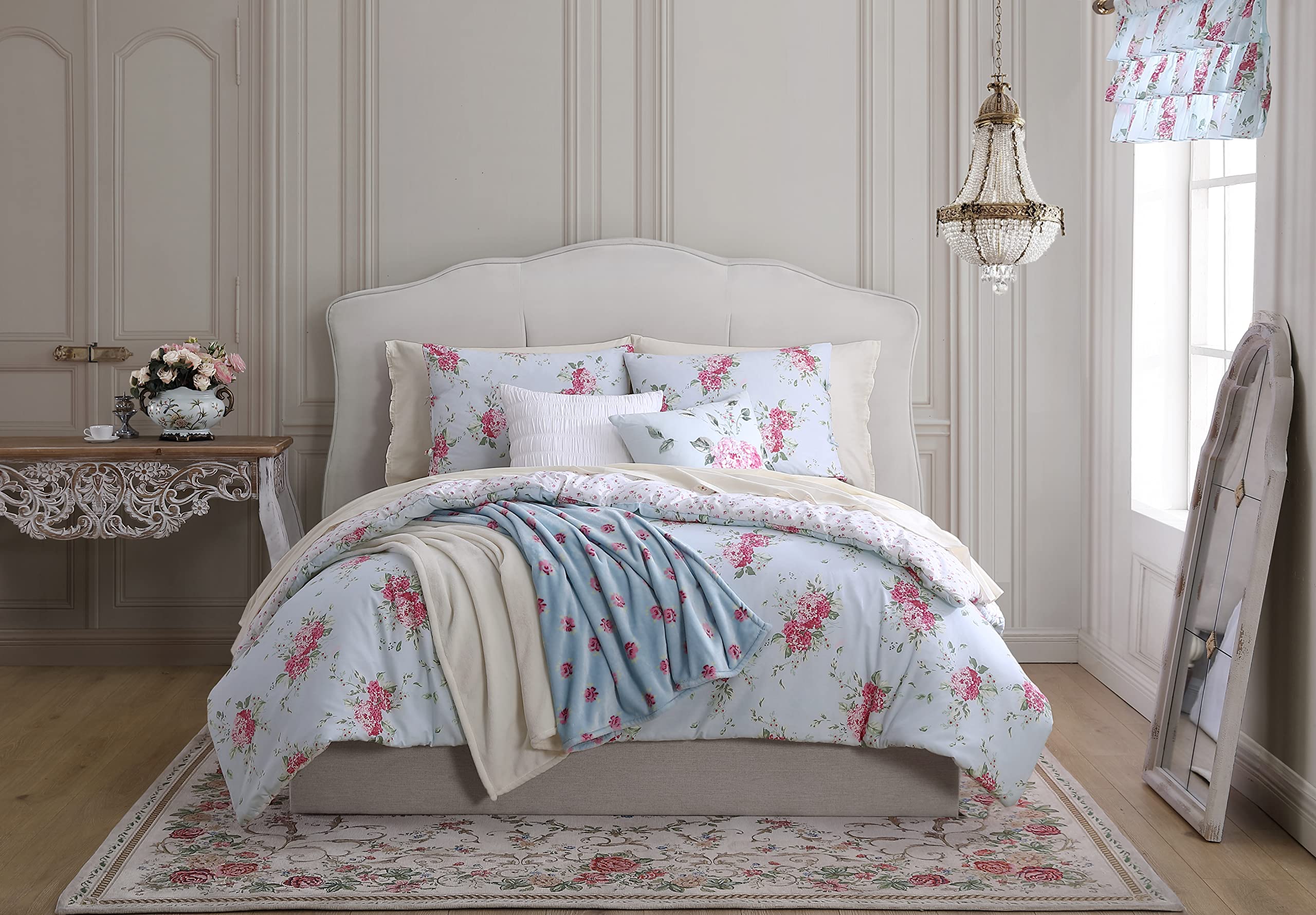 Shabby Chic® - King Comforter Set, Reversible Cotton Bedding with Matching Shams, Elegant Floral Home Decor for All Seasons (Chloe Blue, King)