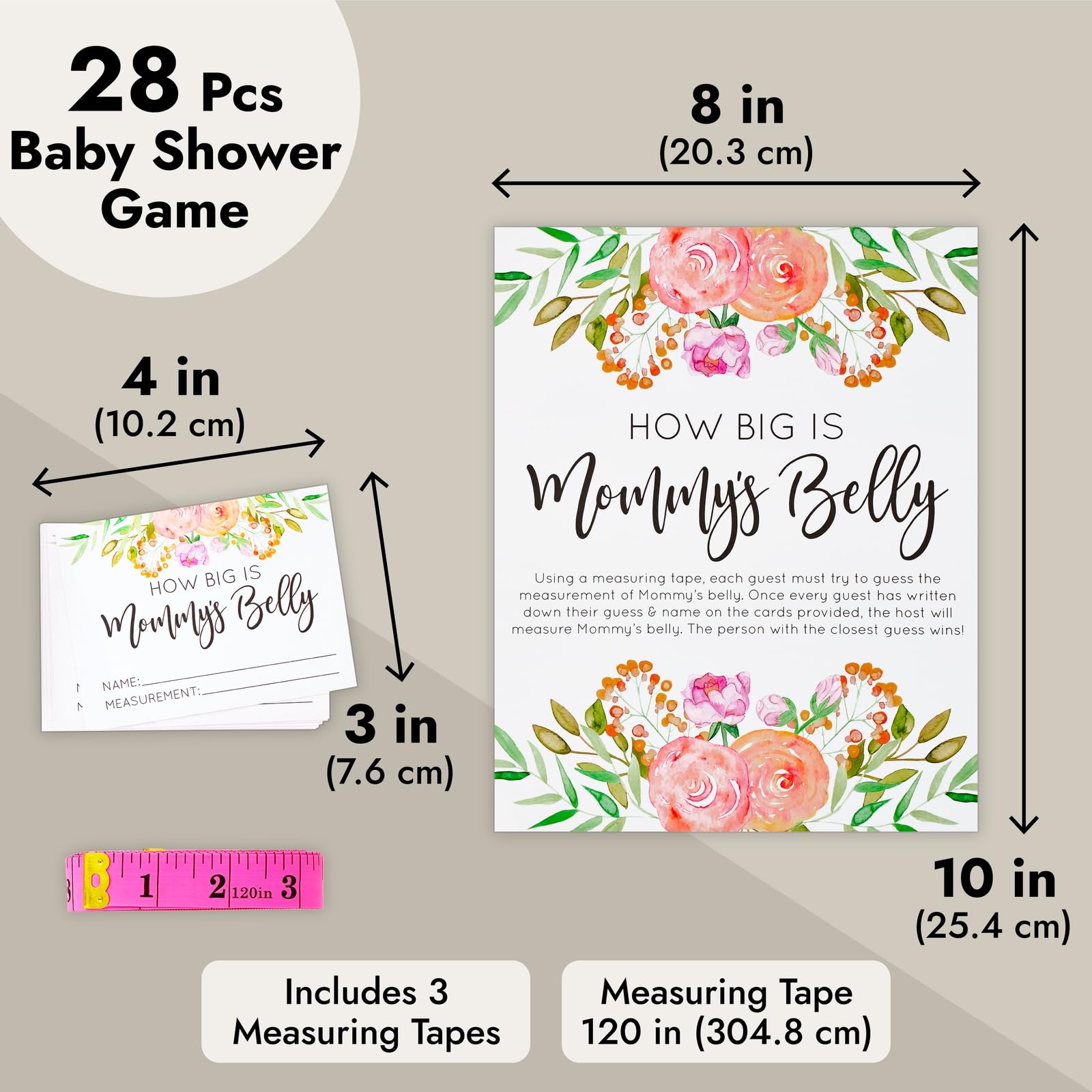 Sparkle and Bash Baby Shower How Big is Mommys Belly Game with 24 Cards, 3 Pink Measuring Tapes, 1 Sign (28 Piece Set)