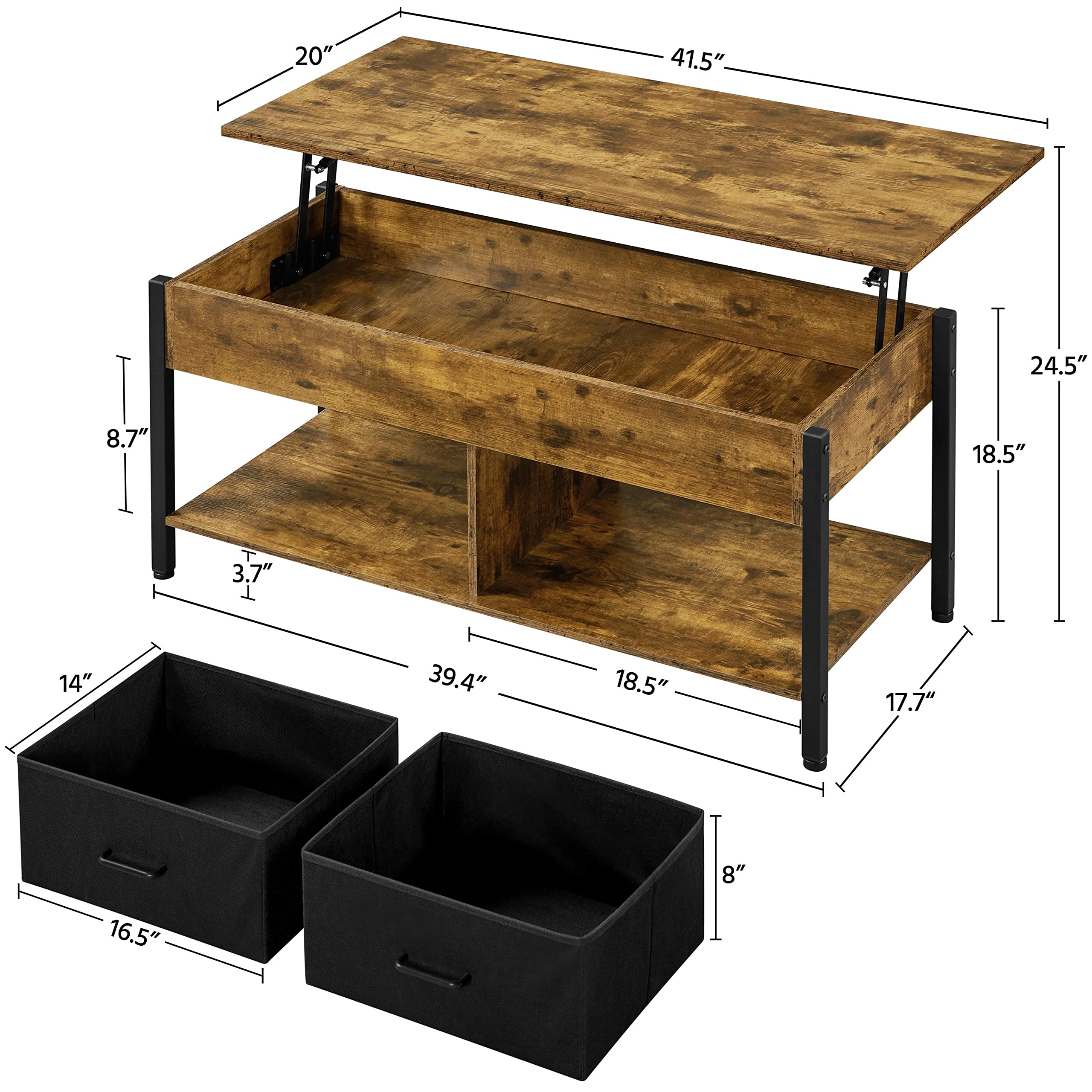 Yaheetech Living Room 3-Piece Coffee Table Sets for Home and Office, Lift Top Coffee Table with Baskets & Hidden Compartment, 2PCS Rustic Industrial End Tables with 2-Tier Shelves, Rustic Brown