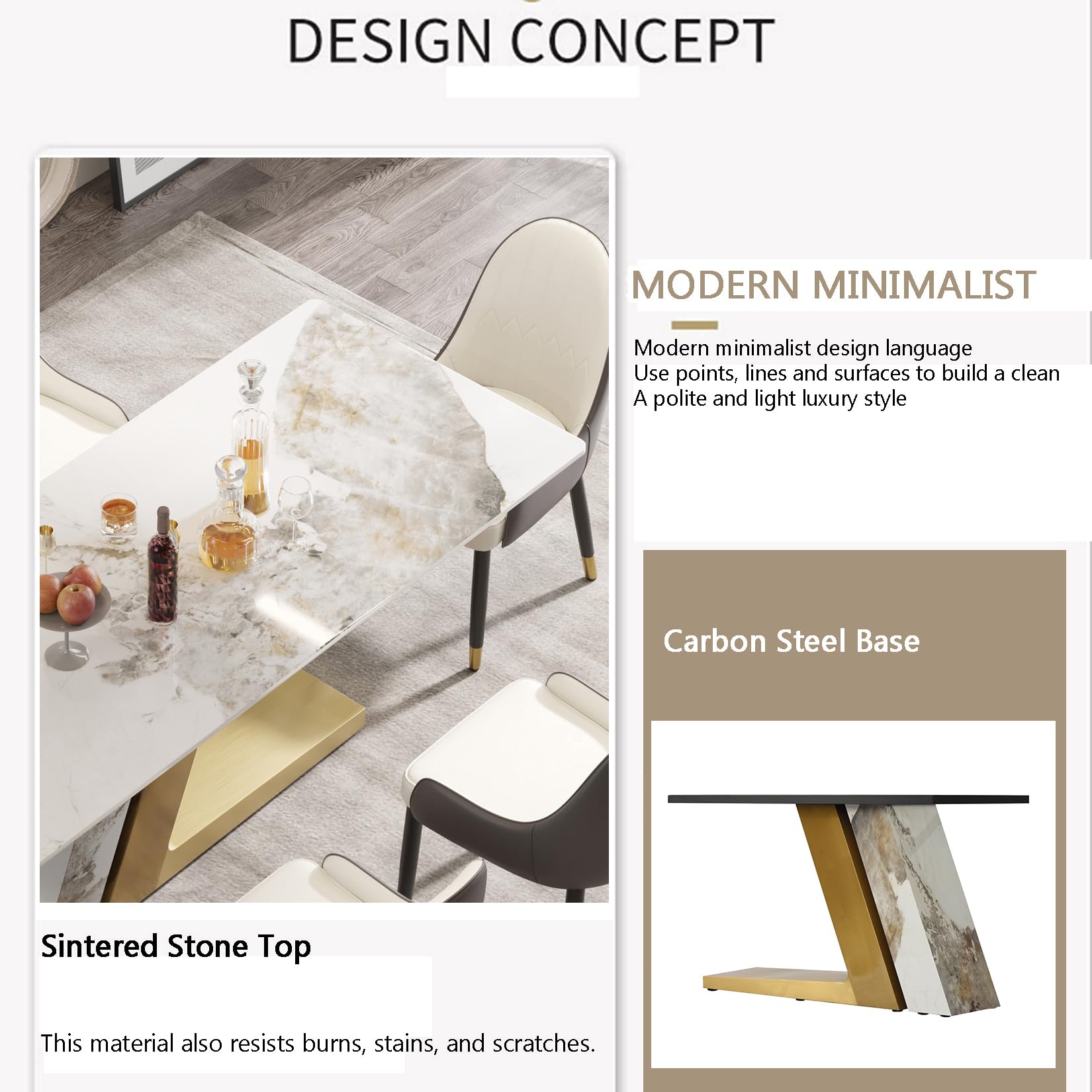 Sintered Stone Dining Table, 78.74" Modern Dining Room Table for 8 Person with Metal Base, Rectangle Kitchen Table Coffee Table for Apartment, Office Multifuntional Meeting Desk(Table Only)
