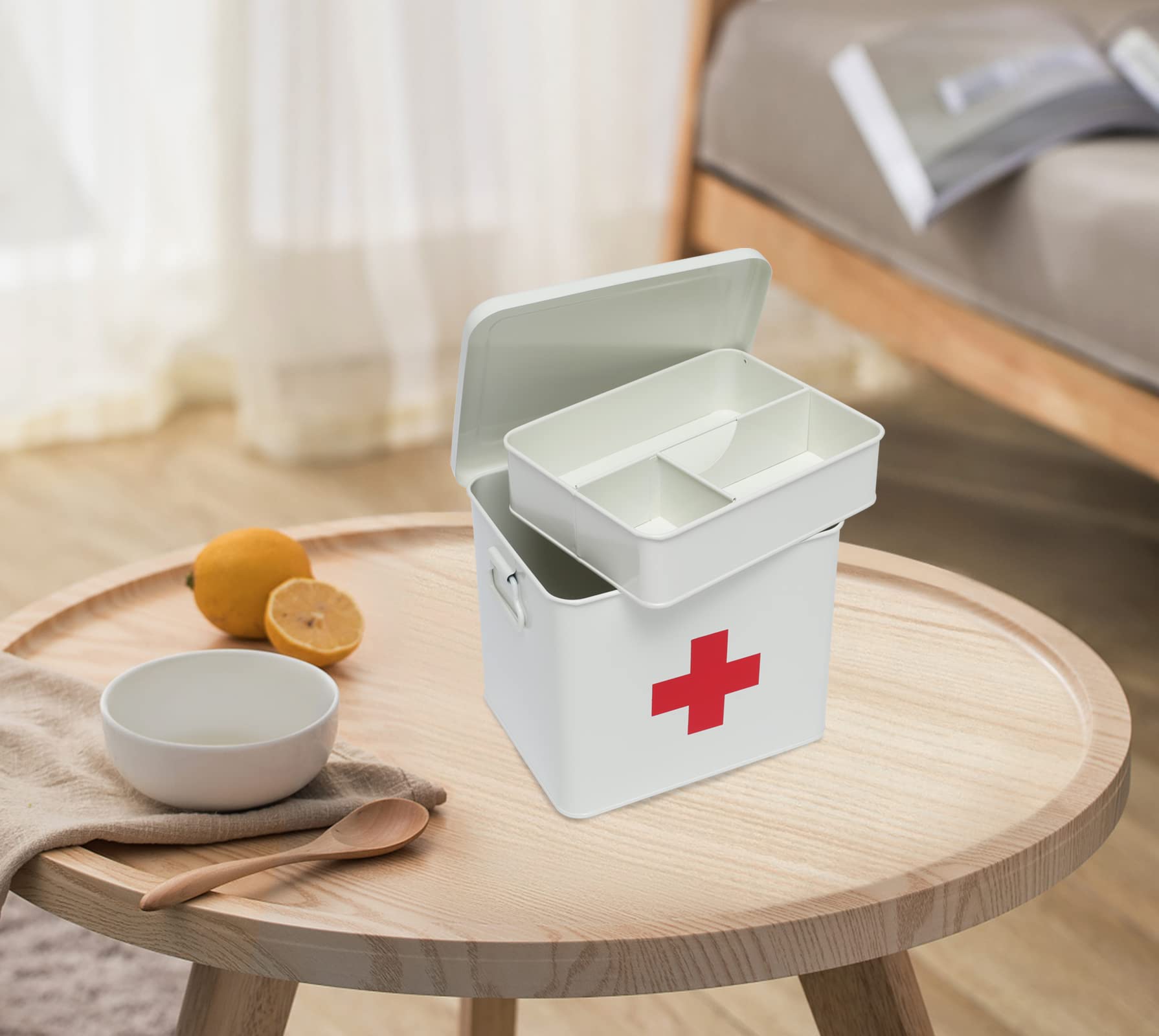Xbopetda Metal Medicine Storage Tin,First Aid Kit Tin, First Aid Medicine Supplies Bin, First Aid Box with Removable Tray for Home Emergency Tool Set (White)