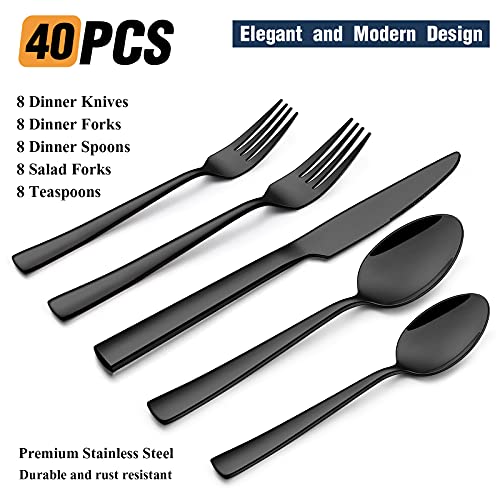 Wildone 40-Piece Black Silverware Set, Stainless Steel Flatware Square Cutlery Set Service for 8, Eating Utensils Include Knife Fork Spoon, Mirror Polished & Dishwasher Safe