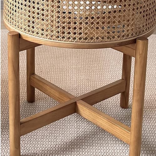 Sofa Side Table Couch Table Solid Wood Round End Table with Rattan Storage Basket, Rustic Side Table Sofa Side Table,Small Round Nightstand,Small Coffee Table for Living Room Bedroom End Table Coffee