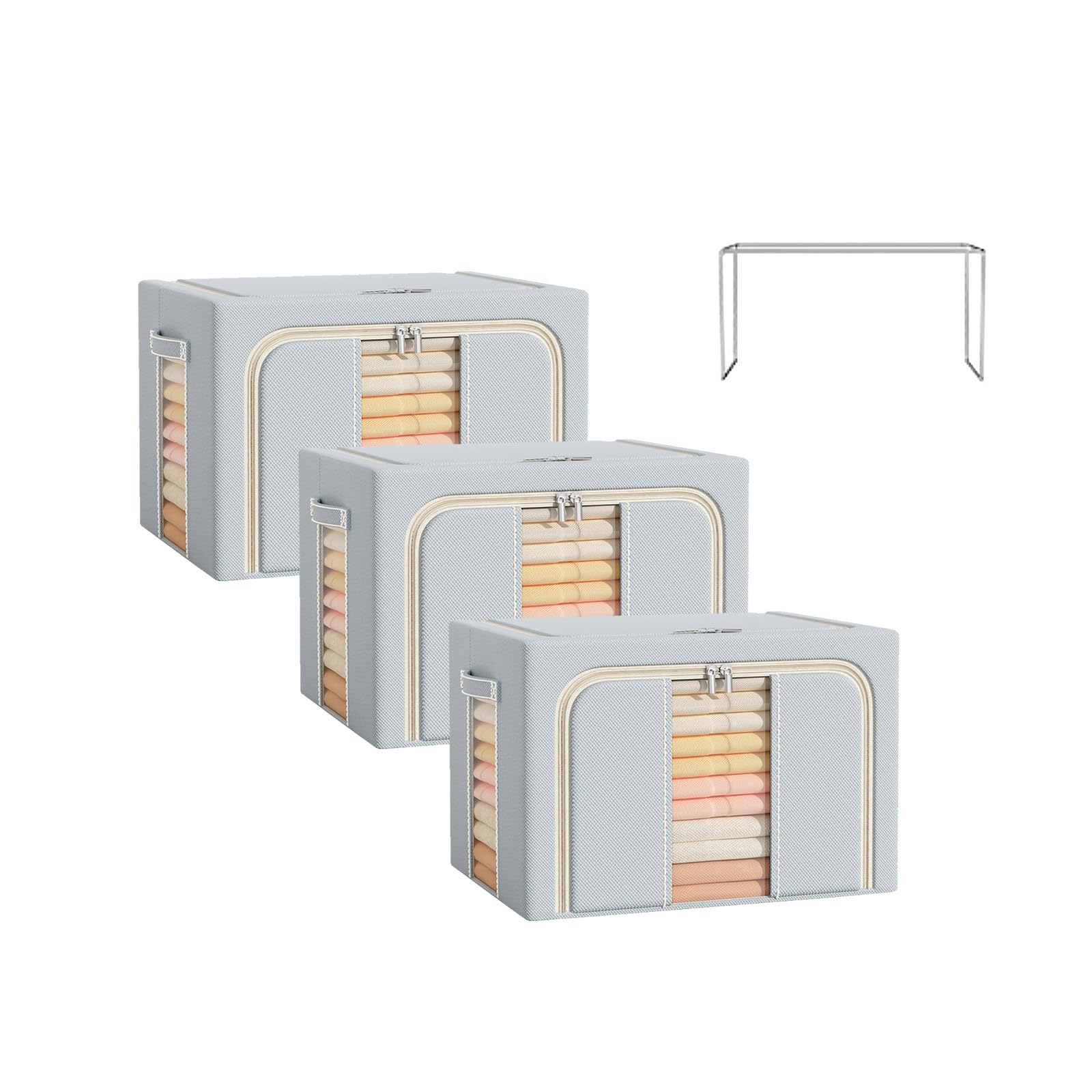 VAN CADENE 24L Clothes Storage Bins Metal Frame Clothes Storage Organizer Bedding Storage Bags with Zipper and Clear Windows, Closet Storage Bins for Organizing(15.7L×11.8W×7.8H - 3 Pack)