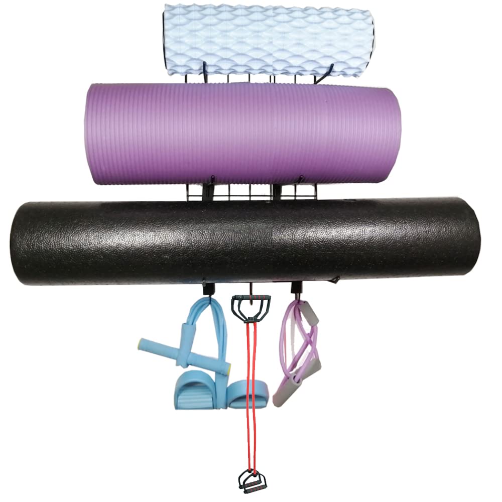 Yoga Mat Holder Wall Mount Yoga Mat Rack Foam Rollers Holder, Adjustment Spacing Exercise Equipmen with 3 Hooks for Hanging Yoga Strap Resistance Bands Ropes