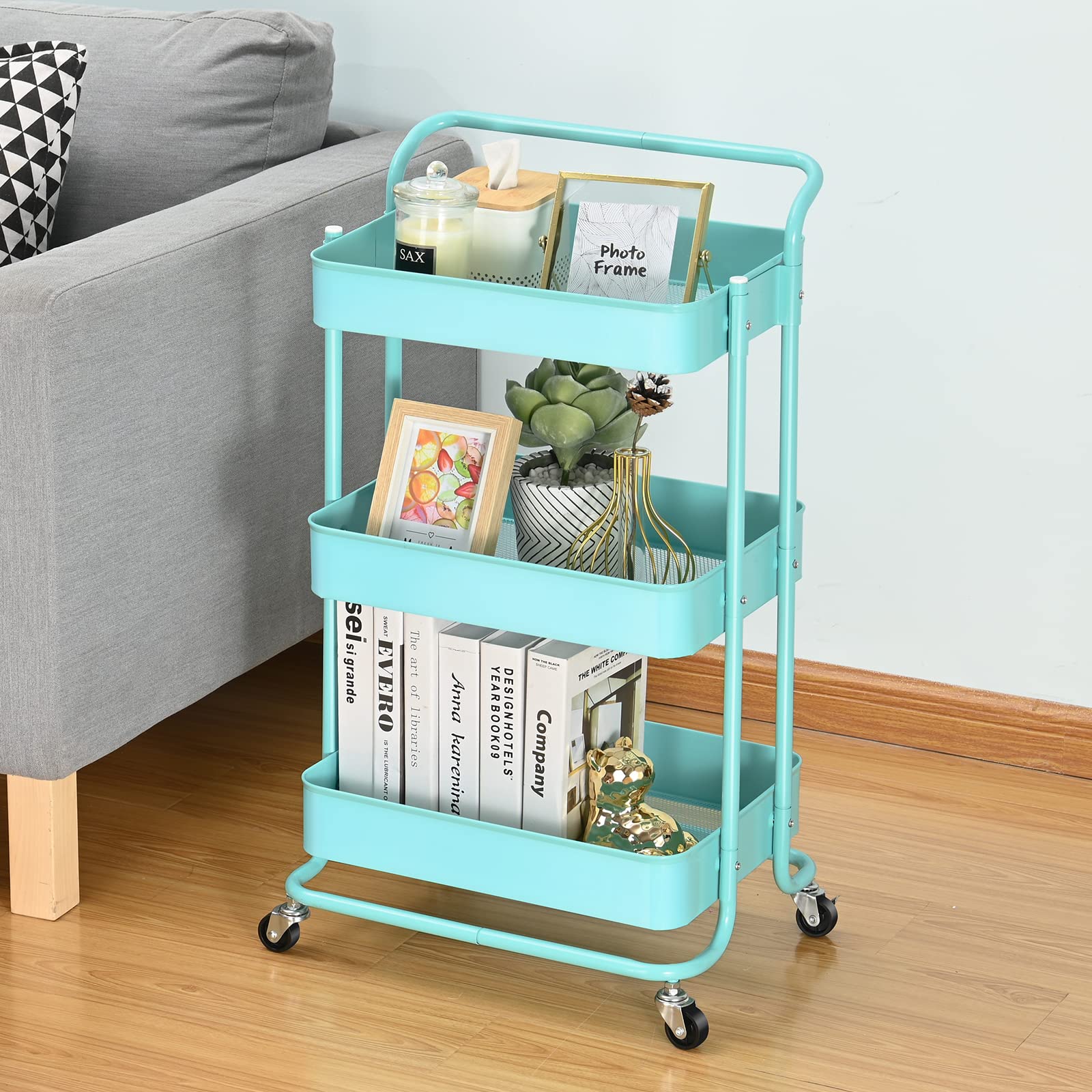 TOOLF 3 Tier Metal Rolling Cart, Utility Cart with Handle, Multifunction Storage Cart with Lockable Wheels, Serving Organizer Trolley with Mesh Basket for Kitchen, Bathroom, Office Turquoise
