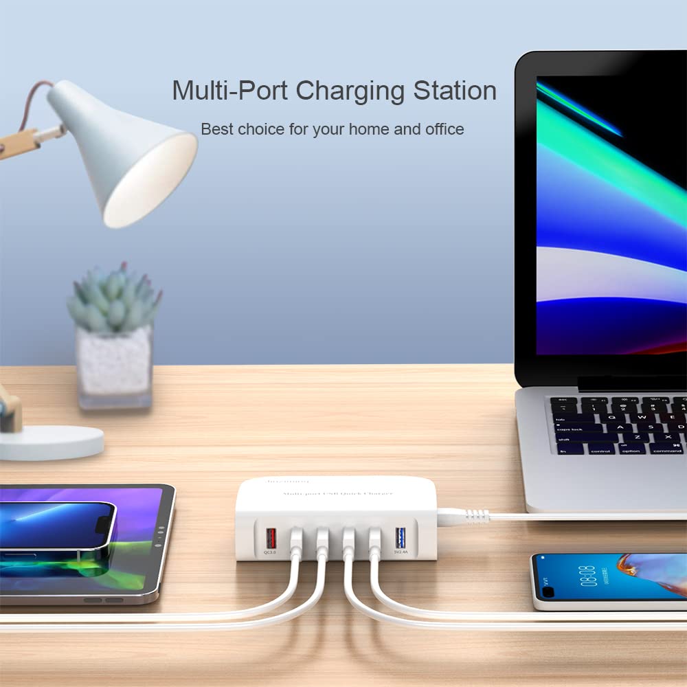 USB Charging Station Wall Charger for Multiple Device 6 Ports Charging Hub USB Power Strip Adapter 84W Phone Charging Block Multi Port QC3.0 Fast Charge Dock Compatible with iPhone iPad Galaxy Tablet