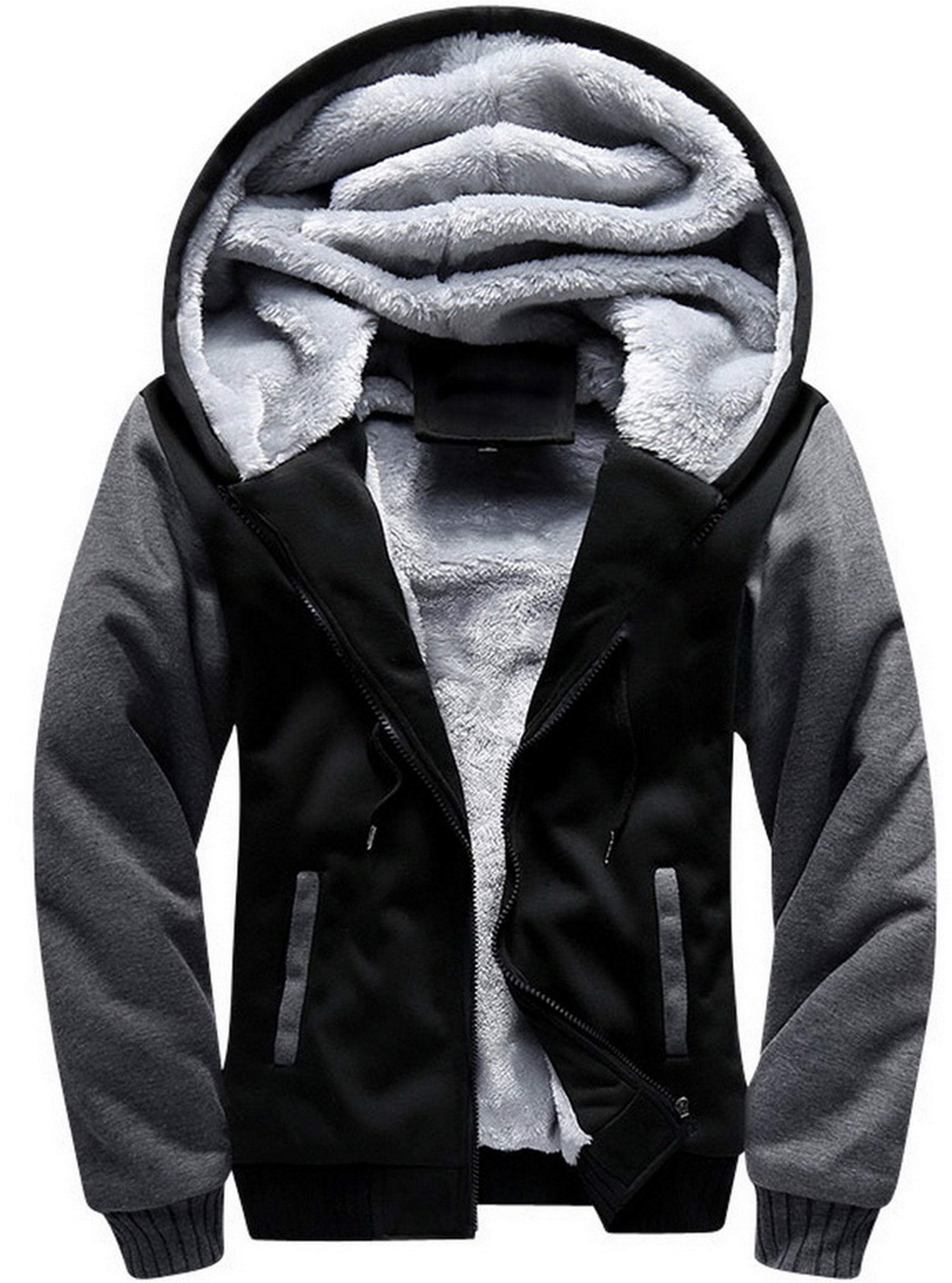 ZITY Men's Zip Up Hoodie Heavyweight Winter Sweatshirt Fleece Sherpa Lined Warm Jacket Black Gray Large