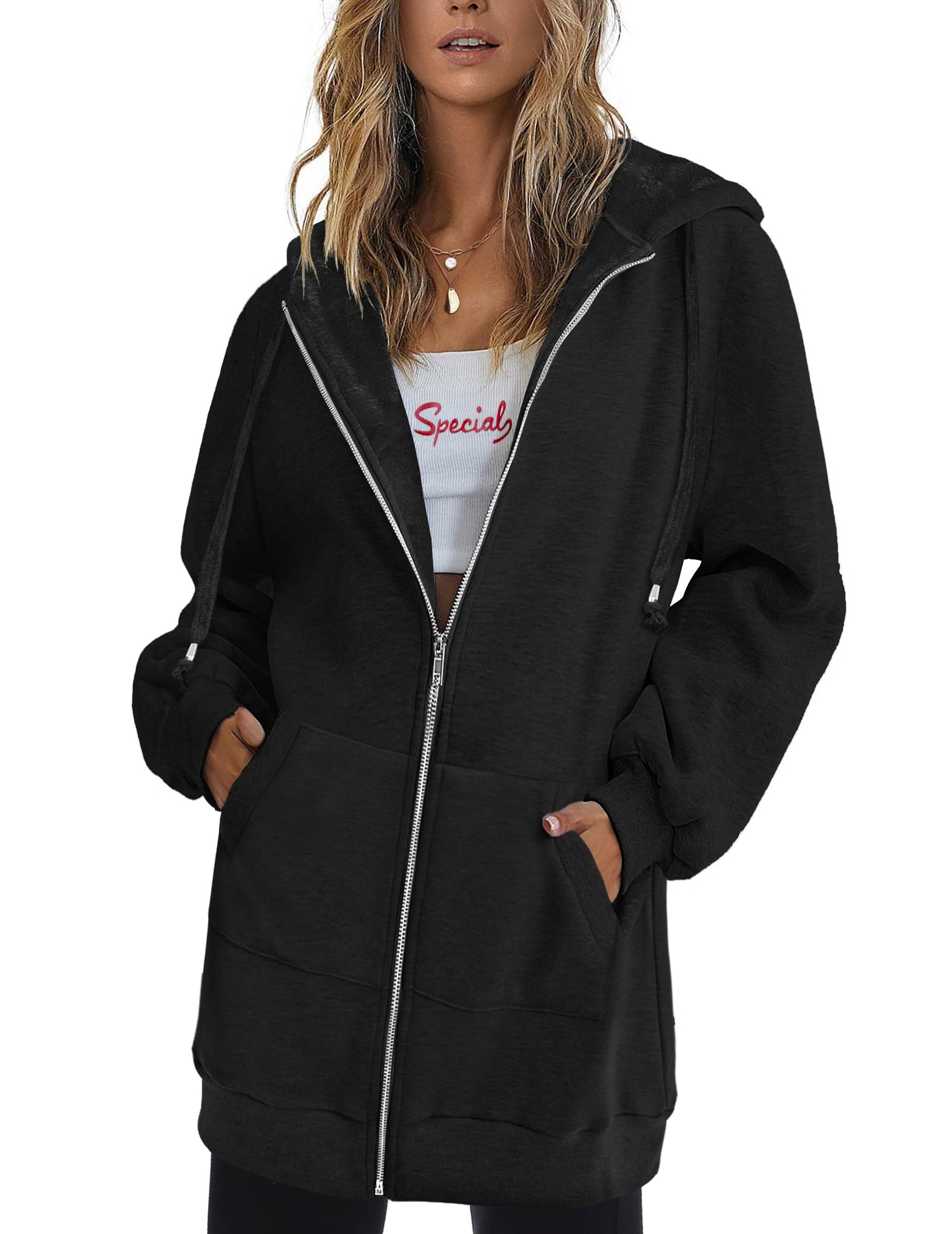 Zeagoo Women's Longline Hooded Sweatshirt / Hoodie Tunic With Fleece,Black,X-Large