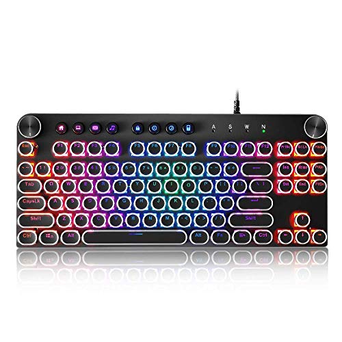STOGA Mechanical Keyboard, 87 Keys Brown Switch RGB Keyboard with Media Control Knobs, Retro Round Keys Gaming Keyboard, Black