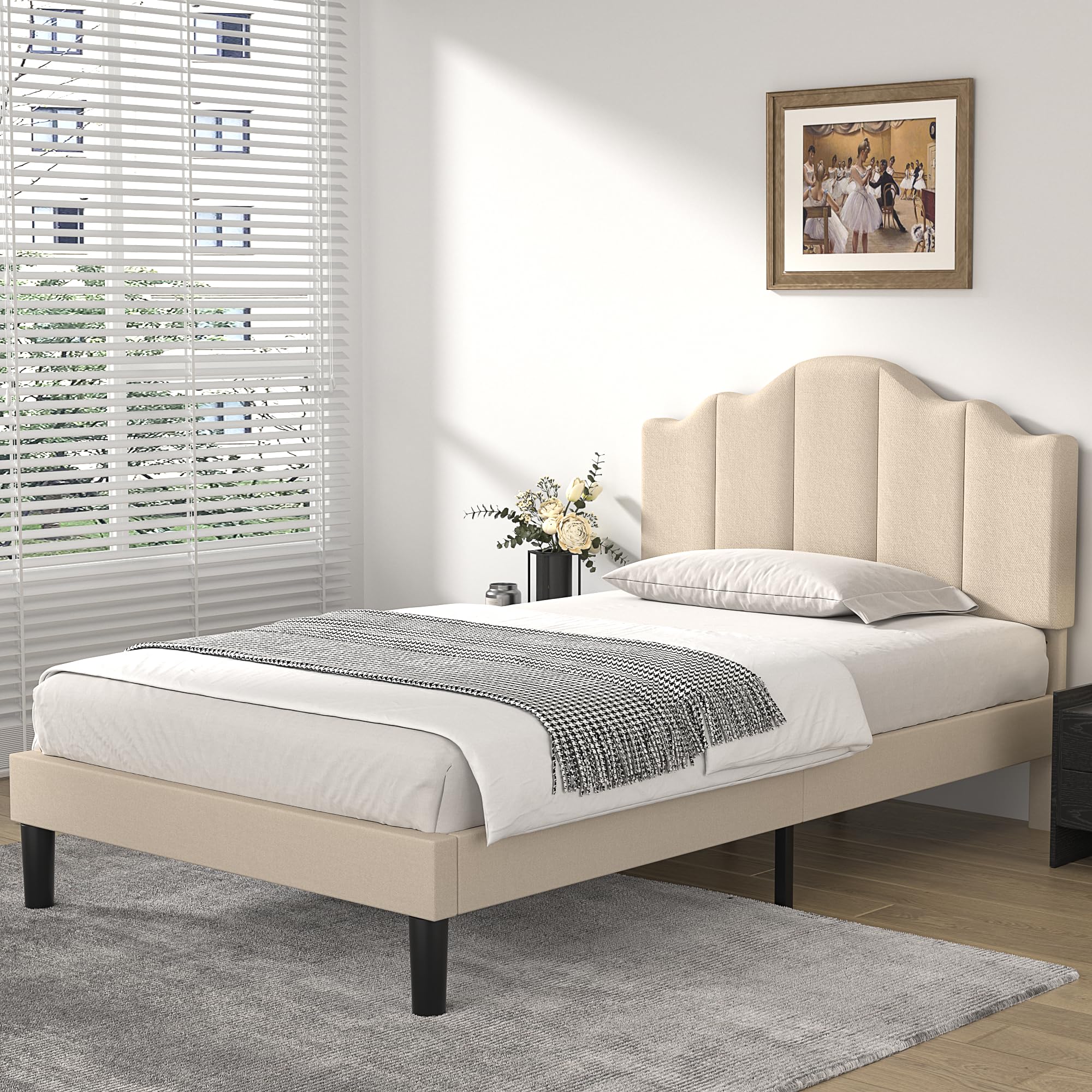 VECELO Twin Platform Bed Frame with Adjustable Headboard, Fabric Upholstered Mattress Foundation, Strong Wood Slat Support, No Box Spring Needed, Easy Assembly