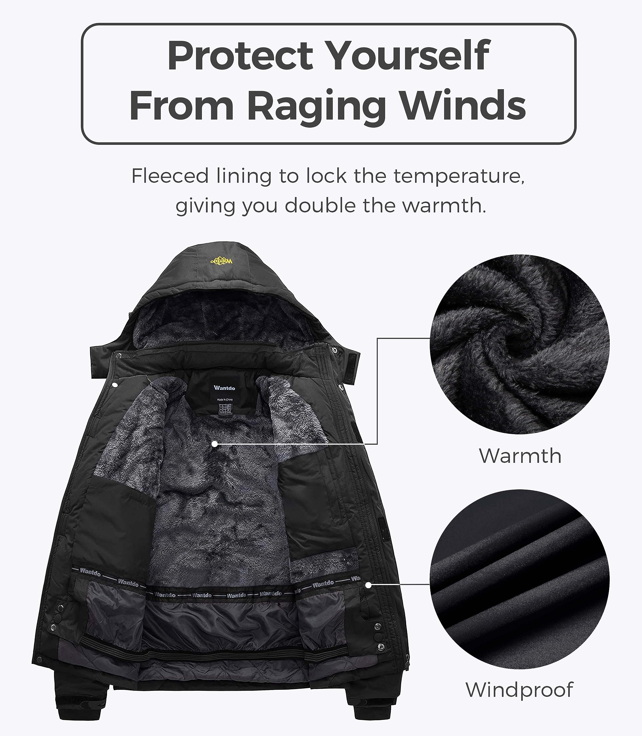 Wantdo Men's Waterproof Mountain Jacket Fleece Windproof Ski Jacket US L Black L