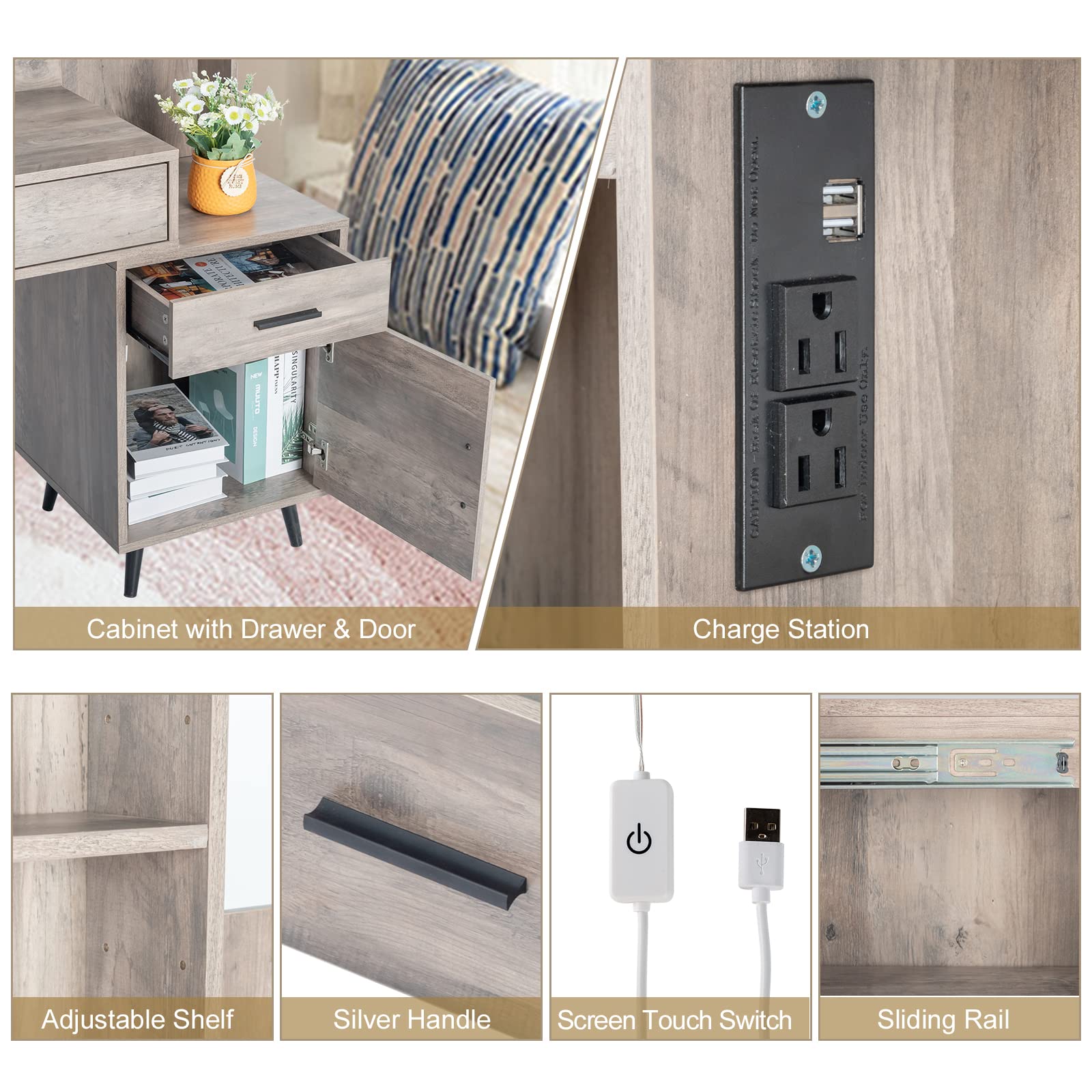 VINGLI Vanity Desk with Sliding Mirror & Lights & Charging Station & Drawers & Shelves & Door, Farmhouse Modern Makeup Vanity Set with Stool (Rustic Gray, 39'' x 16'' x 63'', Bench included)