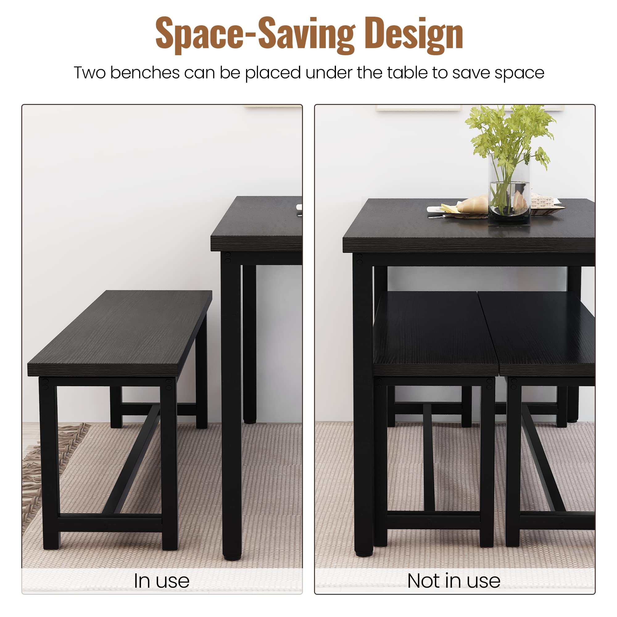 Recaceik Dining Room Table Set for 6, 55'' Kitchen Table Set with 2 Dining Benches, 3 Piece Industrial Dining Table Set for 4-6 Farmhouse Dinette Set for Home Kitchen Restaurant, Rustic Brown