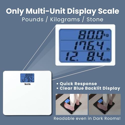 Tanita HD-384 Digital Weight Scale - 440 lbs Capacity Japan Technology Multi-Unit Display LBS, KG, Stone - Step On to Activate Bathroom Scale - with Blue Backlit LCD Display & Tempered Glass (White)
