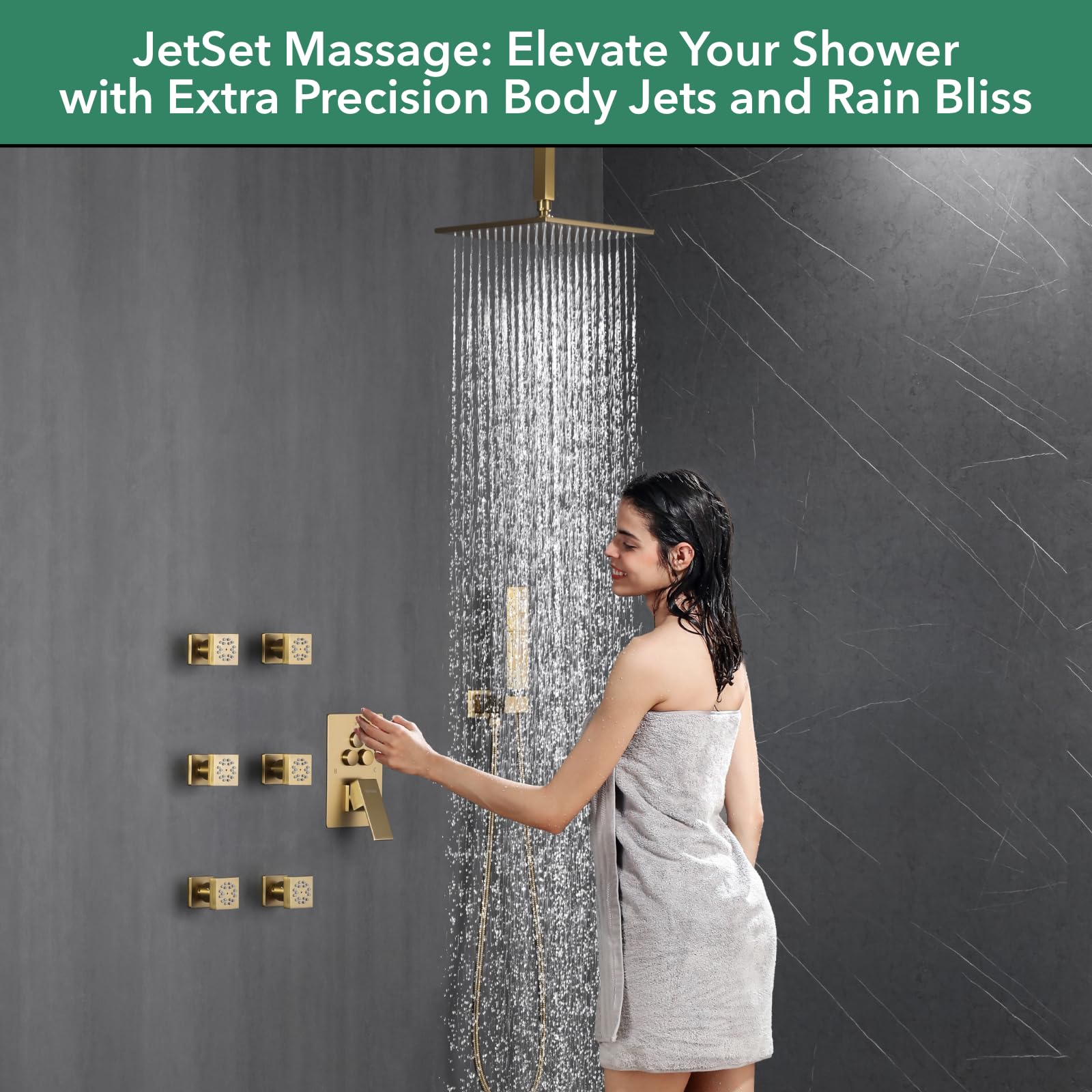 VANFOXLE Shower Faucet Set Brushed Gold Shower System with 6 PCS Body Jets(2 Inch),Push Button Diverter Shower Fixtures with 2 in 1 Handheld,10 Inch Shower Head(Rough-in Valve Body and Trim Included)