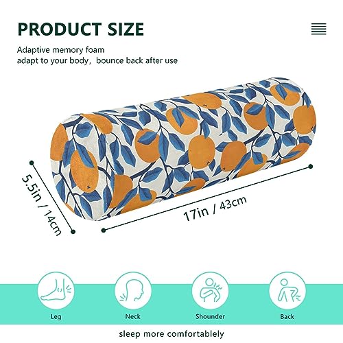 Vnurnrn Blue Leaves Oranges Neck Support Pillow Round Neck Roll Bolster Cylinder Pillow Cervical Pillows Round Neck Pillow for Leg Knee Back Head Support for Camp Work Women Men Traveling