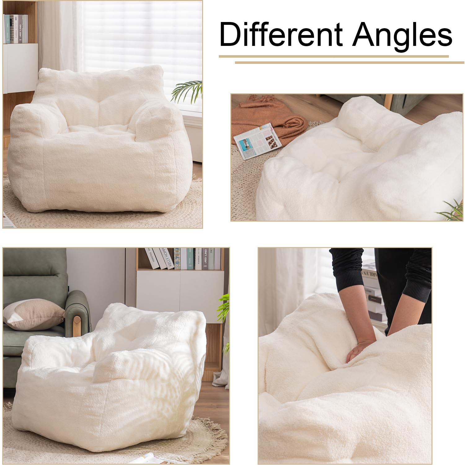 Soft Tufted Bean Bag Chairs for Adults, Kids, Medium Teddy Fabric Bean Bags with Arms, Ivory White