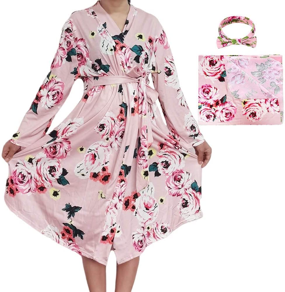 SUFEINI Maternity Robes and Matching Swaddle Blanket Set, Women Mommy Postpartum Robe Hospital Labor and Delivery Gown