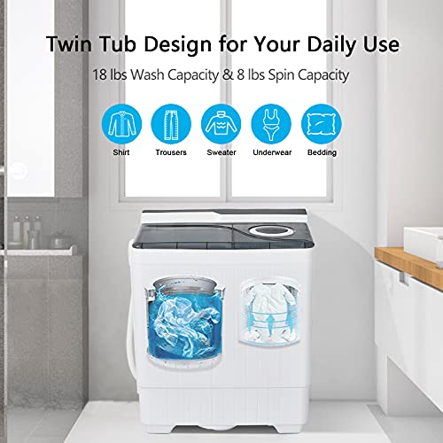 Washer and Dryer, Twin Tub 26Lbs Capacity, Washer(18Lbs) and Spinner(8Lbs), Compact Laundry Machine with Control Knobs, Timer Function, Drain Pump, Laundry washer for Apartment, RV, Gr(Grey)