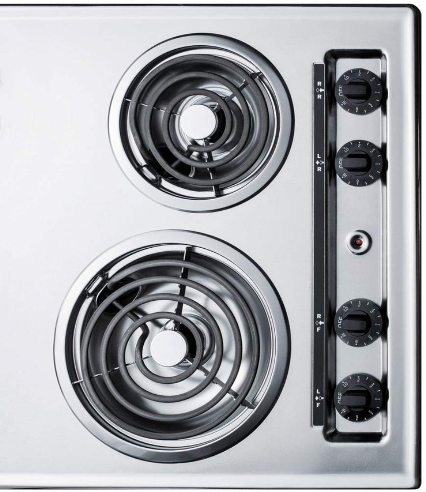 Summit Appliance ZEL05 30" Wide 230V Electric Cooktop in Chrome Fits Popular Cutout Size with 4 Coil Elements, Chrome Drip Bowls, Push-to-turn Controls, Recessed Top, One 8" Burner & Three 6" Burners