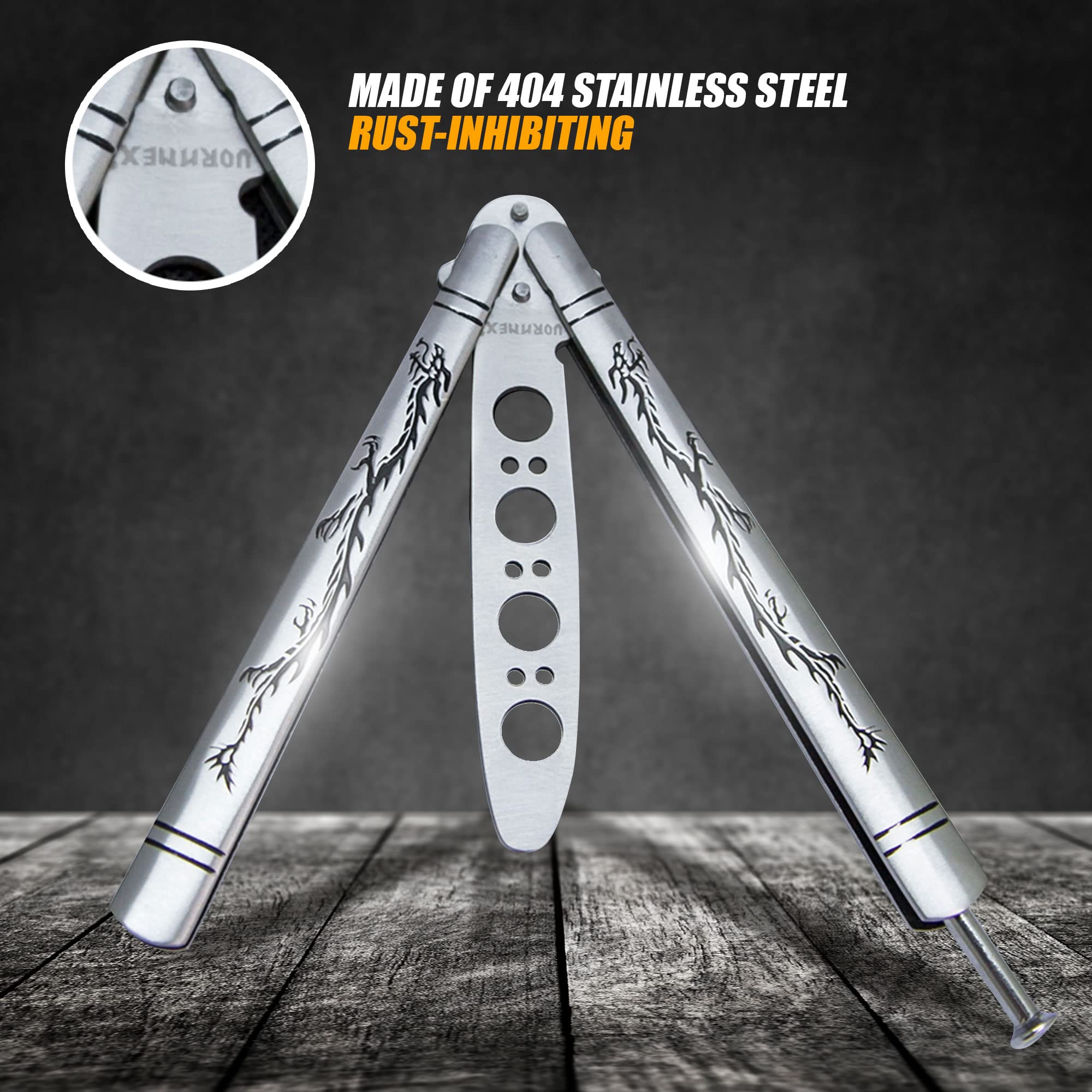 VORNNEX Practice Butterfly knife Trainer with Sure Spring Latch, Full Stainless Steel Black Dull Balisong, Unsharpened Butterfly knives Comb for CSGO Training(Silver)