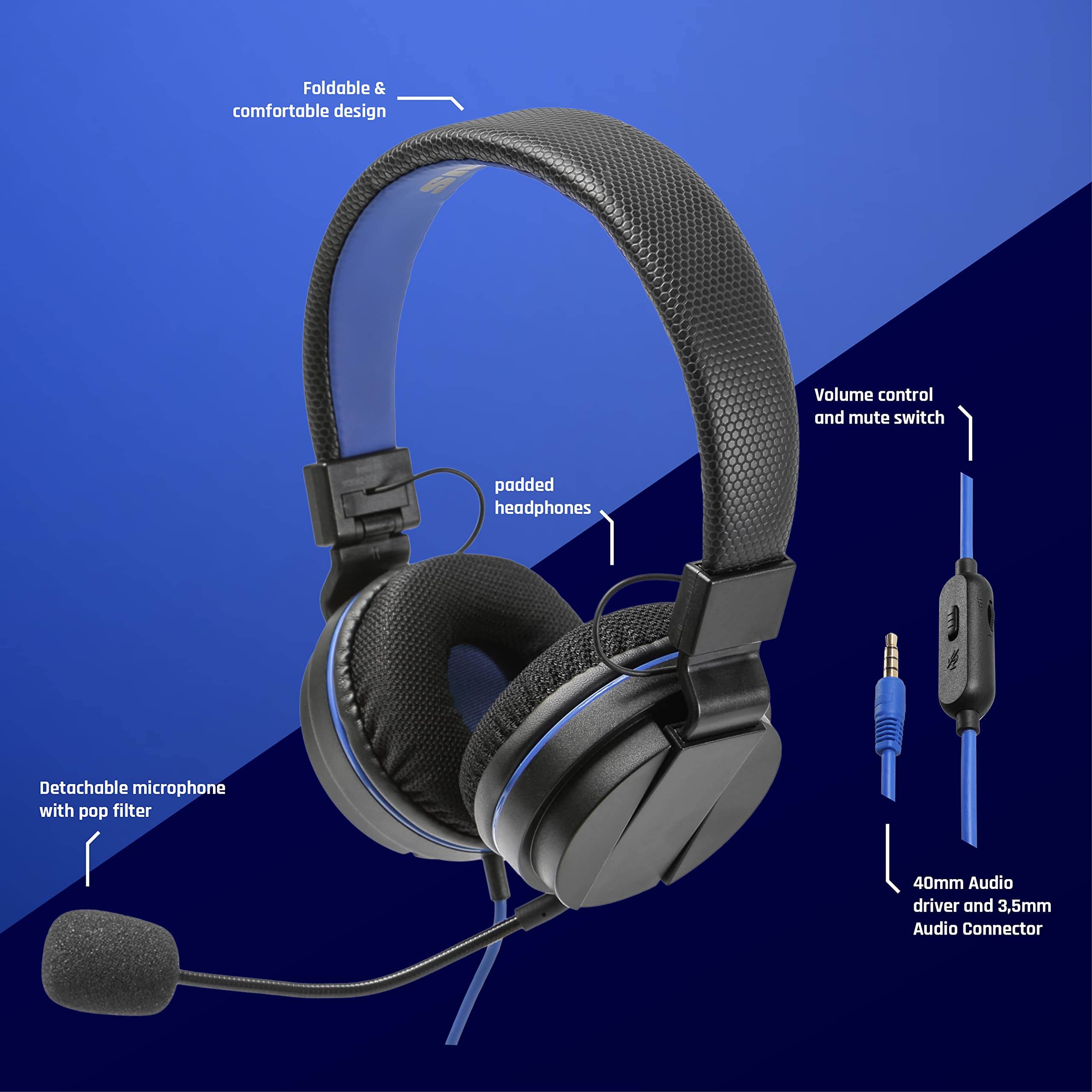 Snakebyte Head Set 4 - On Ear Stereo Headset for Gaming Consoles with detachable Mic, Inline Control, Wired 3.5Mm Headphone for Use with PC, Laptop, Xbox One, Switch, PS4 - PlayStation 4