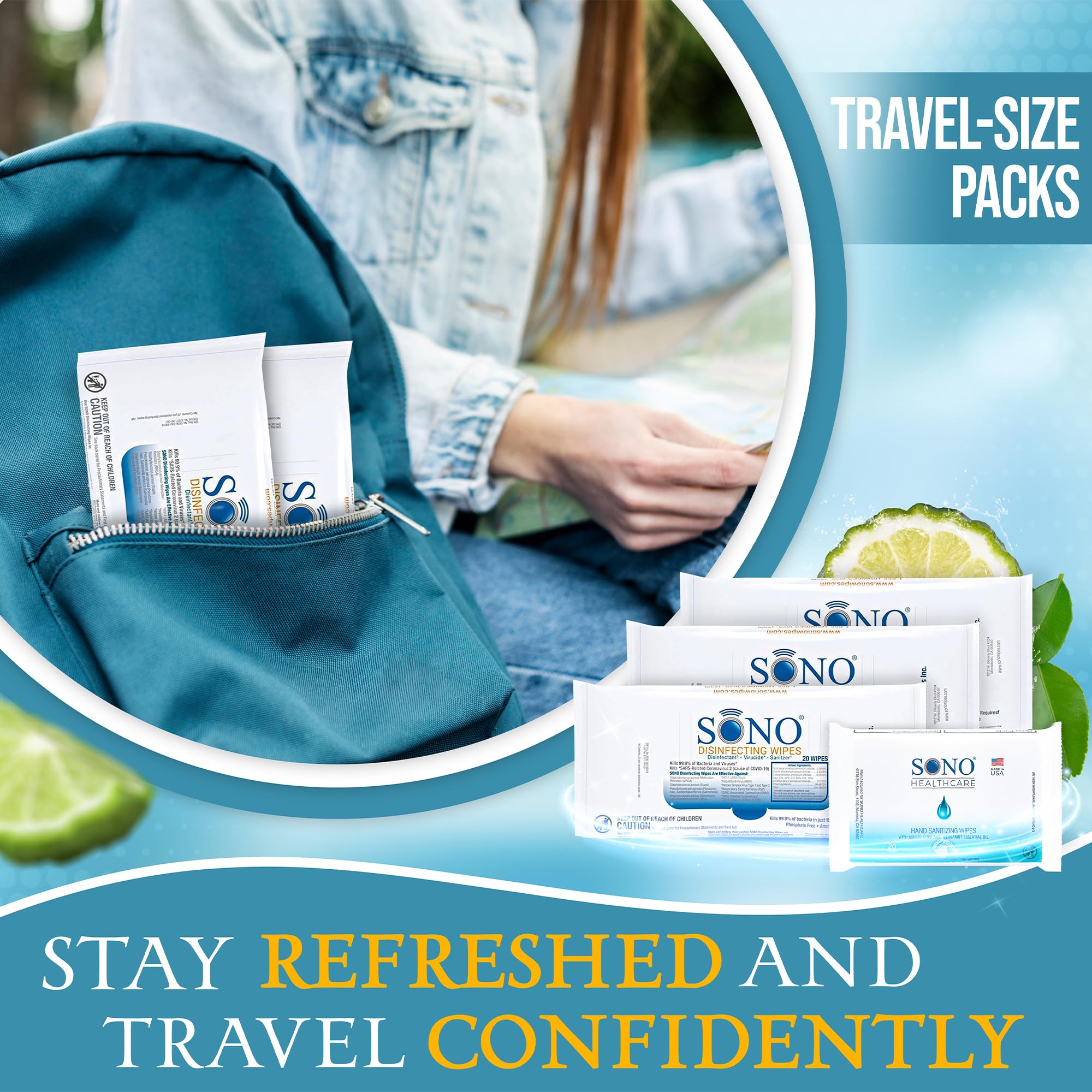 SONO Disinfecting Wipes - Alcohol-Free, Unscented, and No Bleach | Travel Size for Spring Season | Powerful Multi-Surface Cleaning On-The-Go | 3 Pack of 20 Wipes + 1 Pack of 20 Sanitizing Wipes