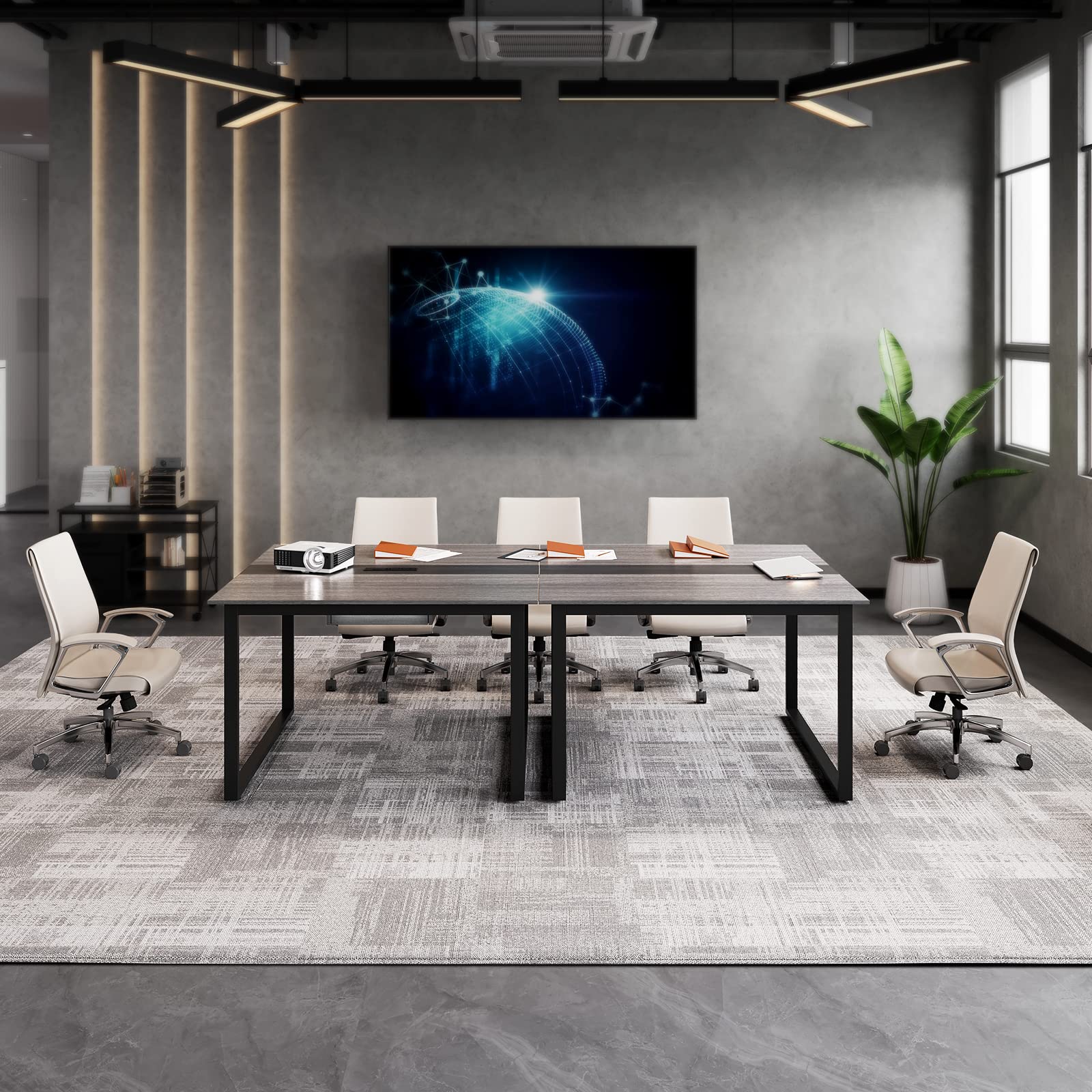 WASAGUN 8FT Rectangular Conference Room Table with USB Ports and Outlets Meeting Seminar Table, boardroom Table, for Office Meeting Conference Room Grey