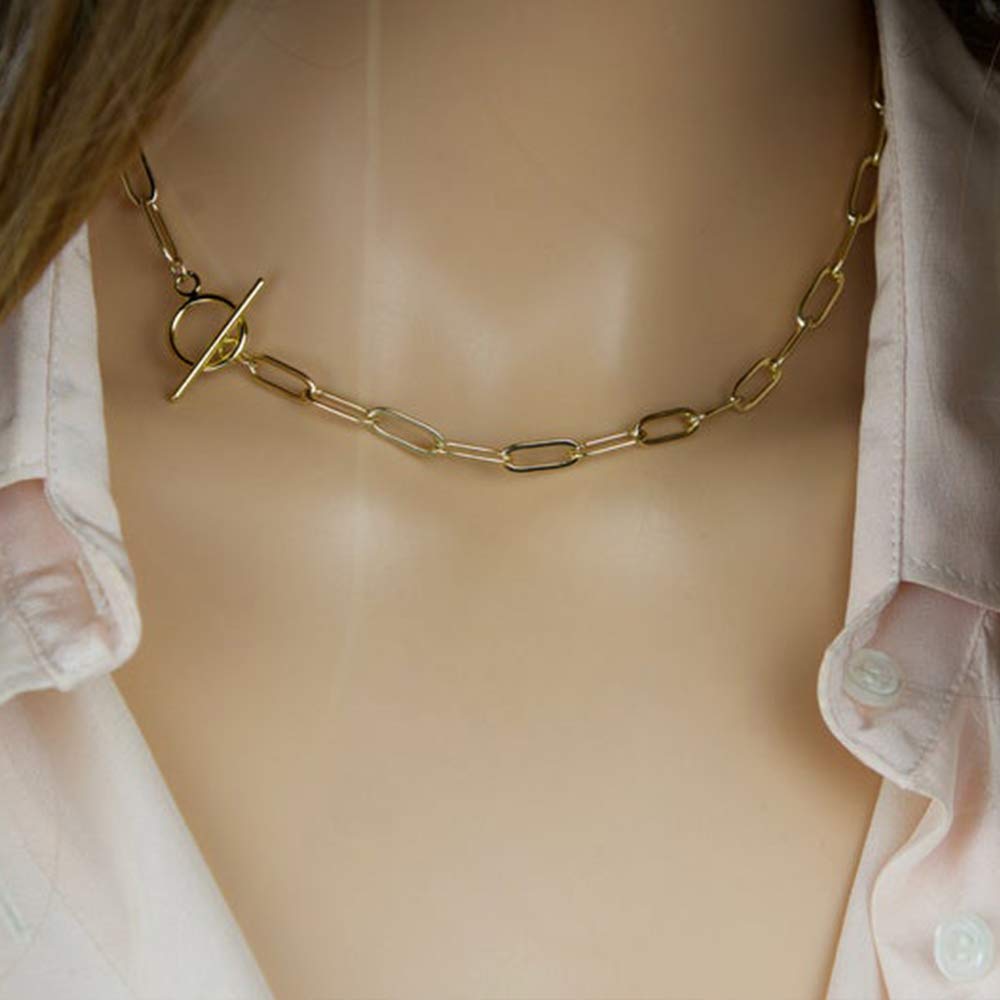 Turandoss Gold Paperclip Chain Necklace, 14K Gold Plated Toggle Clasp Simple Dainty Link Chain Necklace Gold Handmade Choker Oval Link for Women