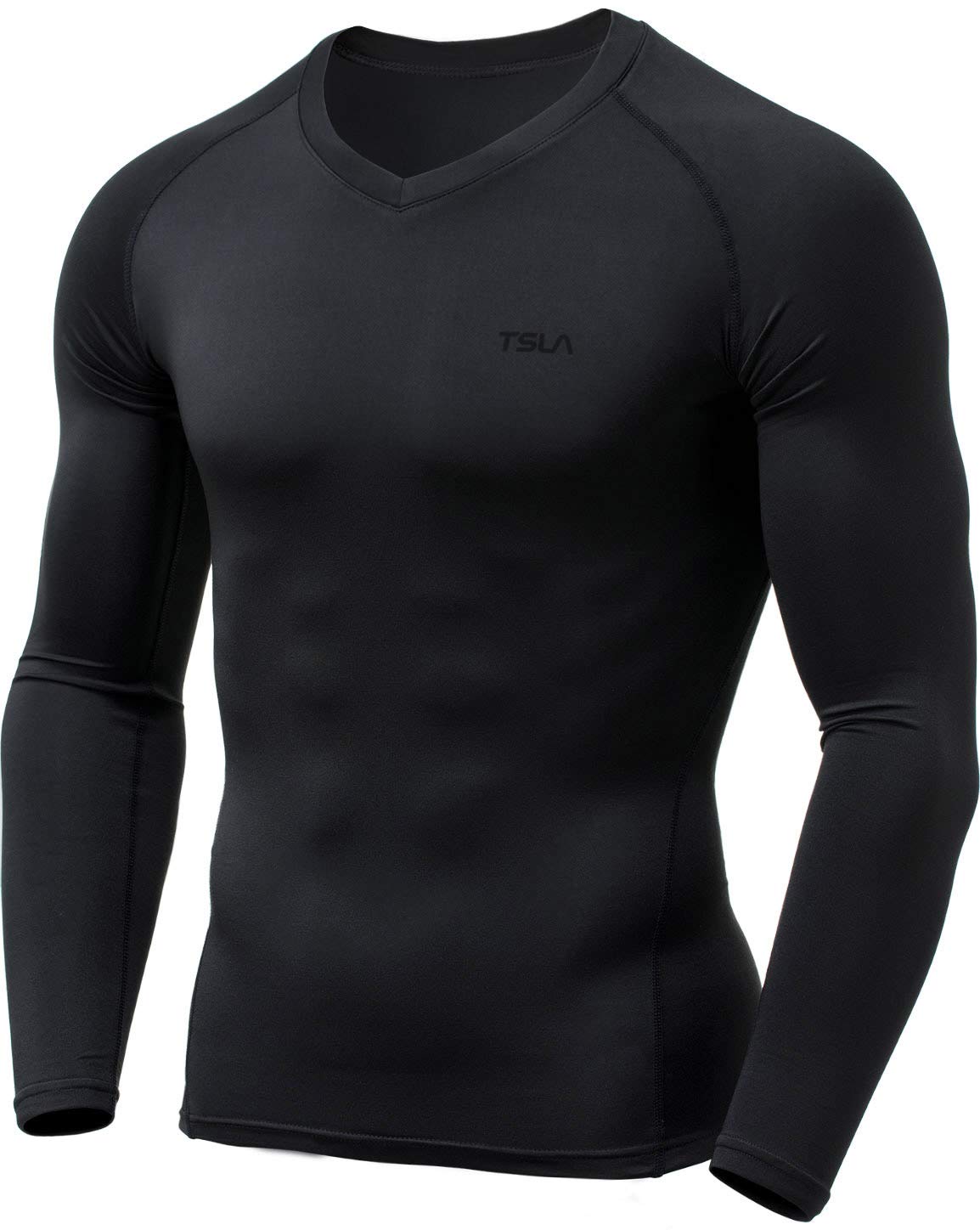 TSLA Men's Tactical V-Neck Long Sleeve Compression Shirts, Cool Dry Athletic Workout Shirt, Active Base Layer T-Shirts, V Neck Black, Medium