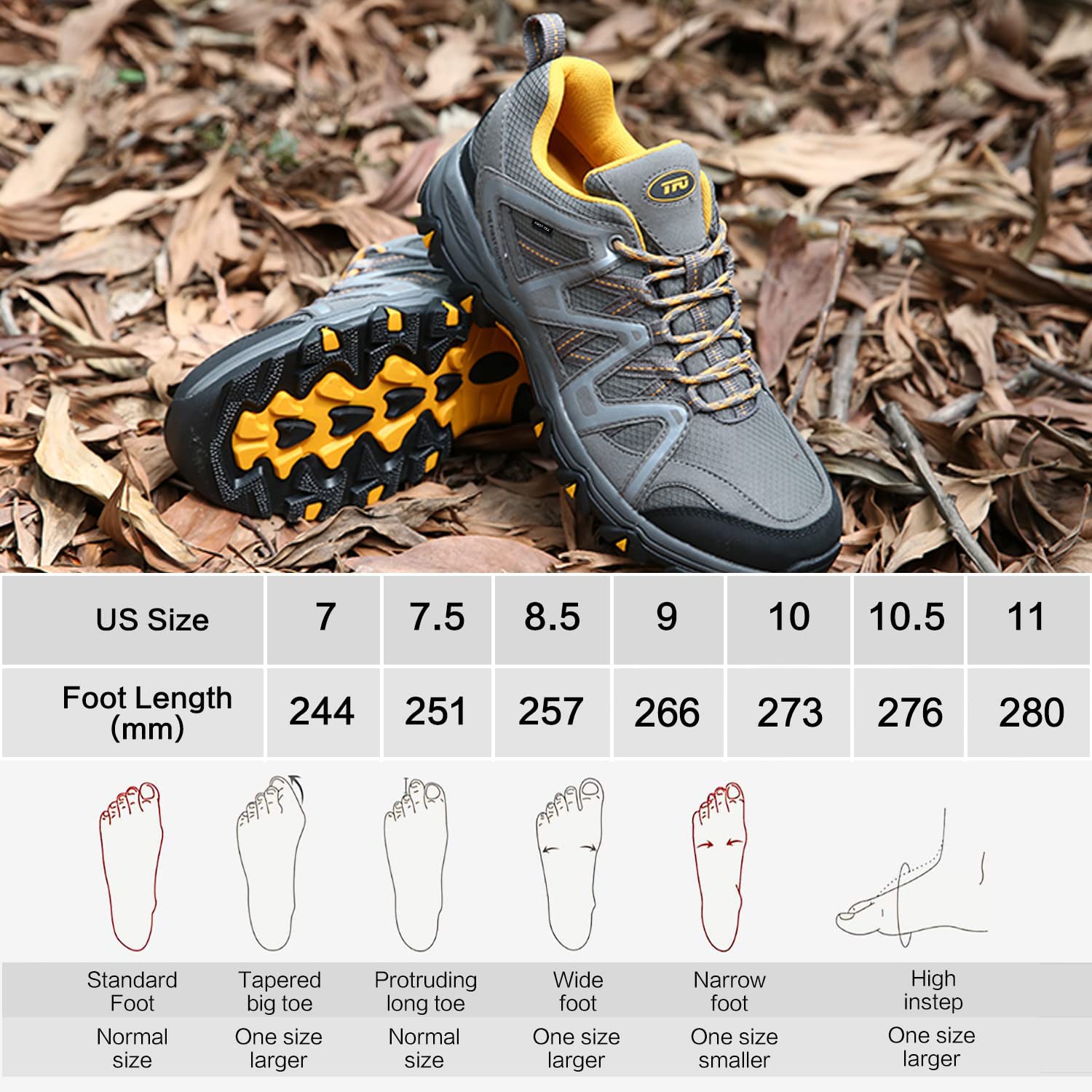 TFO Hiking Shoes Men Waterproof Air Circulation Insole Ankle Support Non-Slip Lightweight for Outdoor Trekking Walking Grey