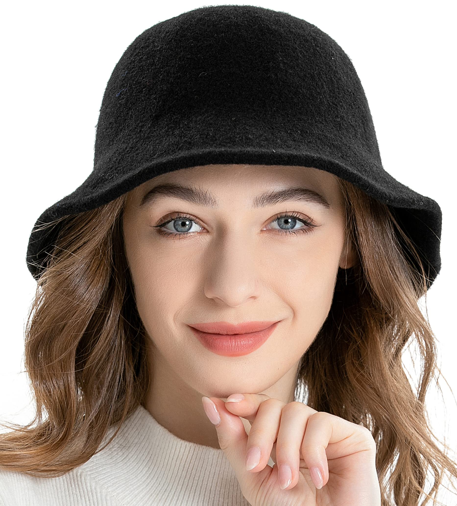 ZLYC Womens Winter Wool Bucket Hats Warm Solid Fedora (Black)