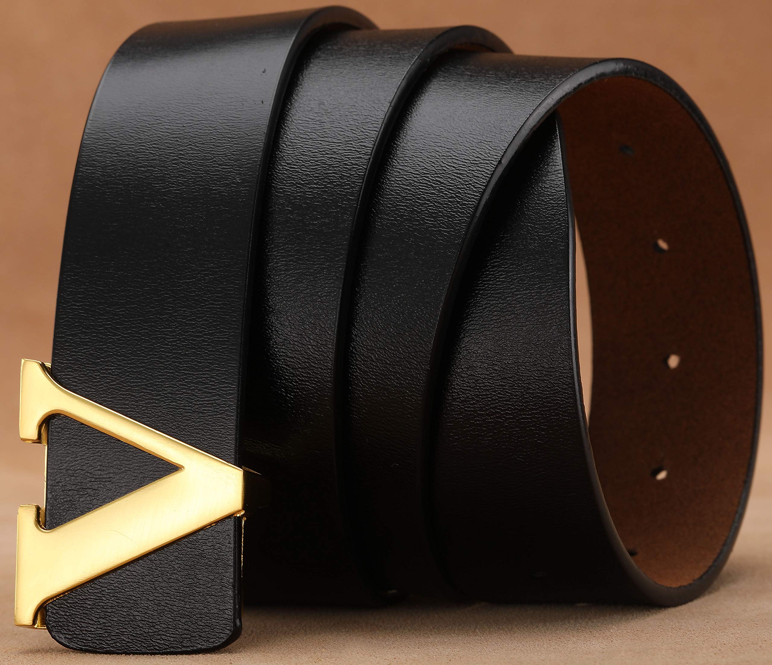 Yuangu Men's Classic Gold/Silver V-Buckle Design Soft Calfskin Belt (Black Gold, 105cm/41.3inch(30-36))