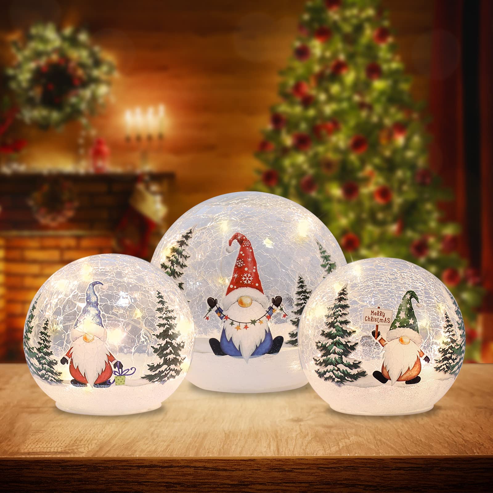 YEAHOME Christmas Decorations Indoor, 3 Pcs Lighted Gnomes Christmas Snow Globes Home Decor, Christmas Table Decorations LED Crackle Glass Ball with Timer for Living Room Fireplace Tabletop