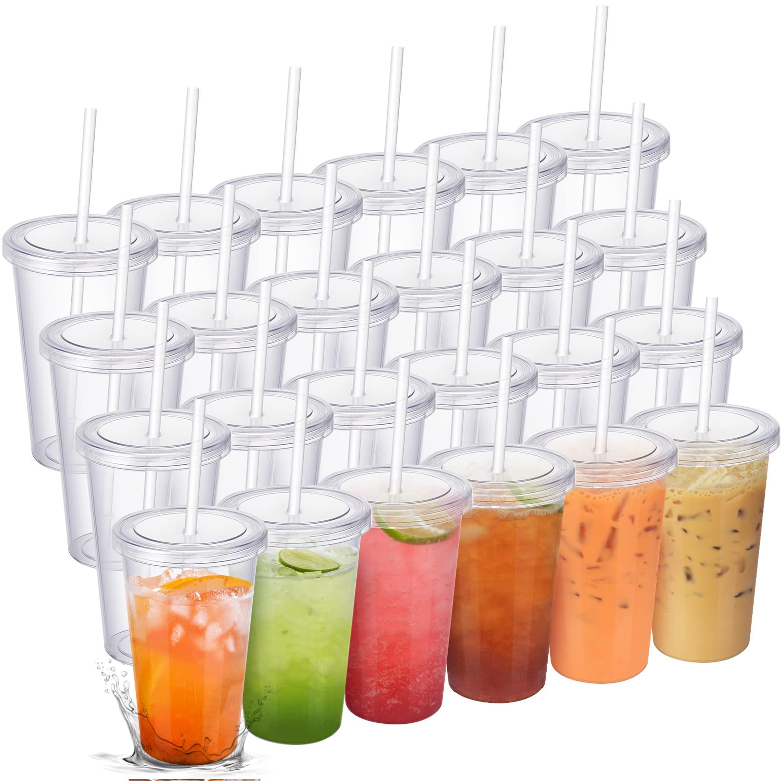 Zubebe 24 Pcs Clear Classic Tumblers with Lid and Straw Reusable Plastic Cups with Lids Smoothie Cups for Party Birthday Cold Drinks Juice(16 oz, 24 Pcs)